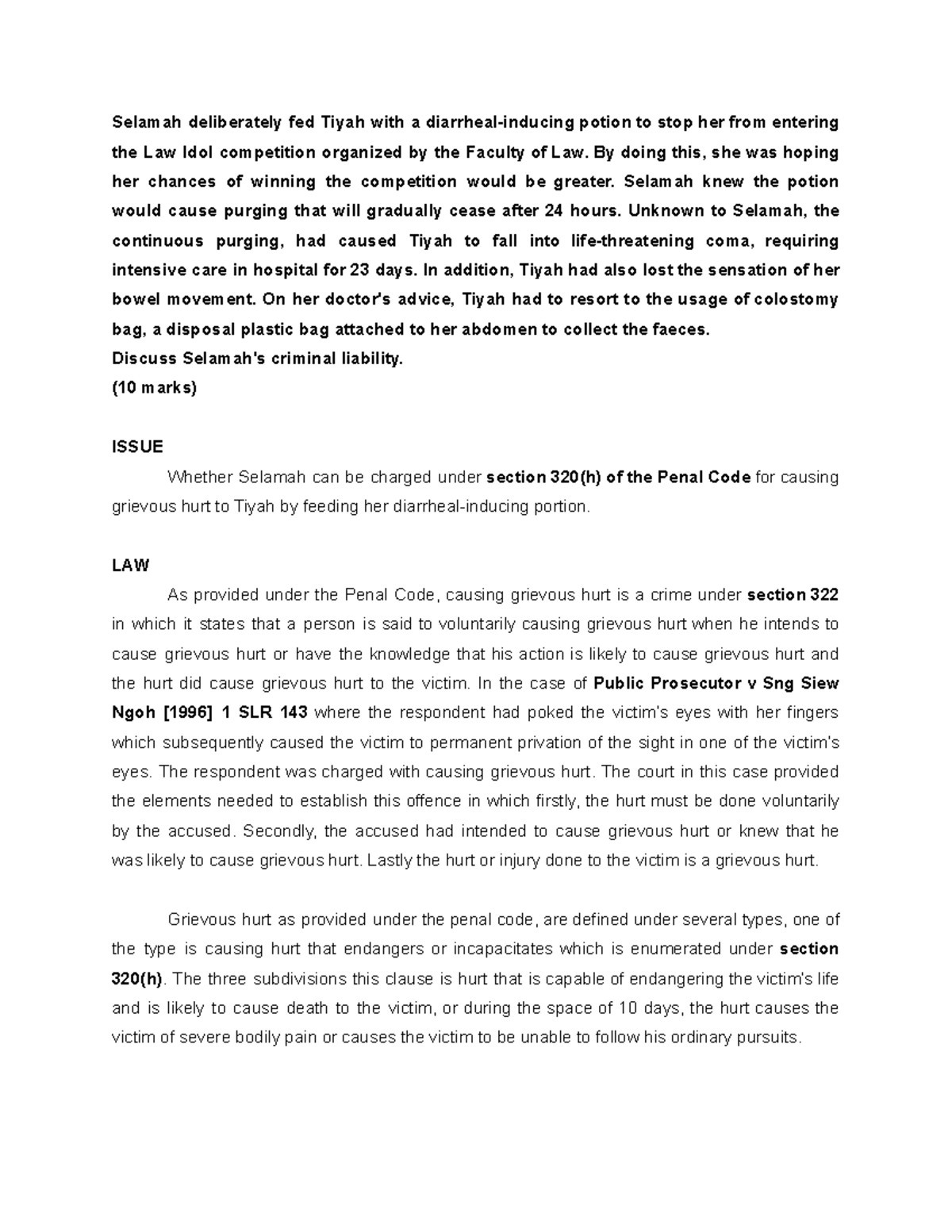 Analysis of Selamah's Criminal Liability under §320(h) of the Penal ...