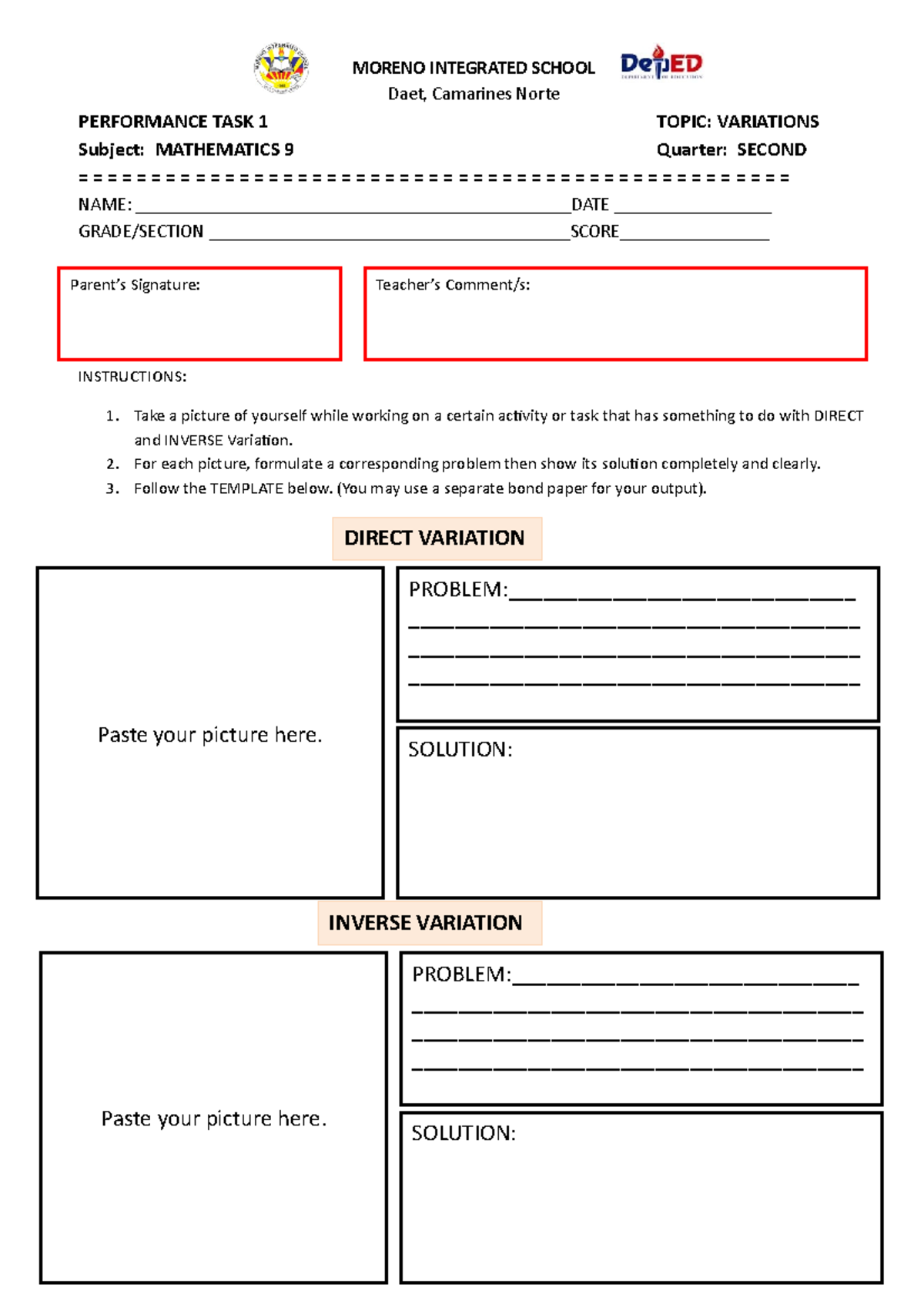Mathematics 9 Performance Task 1 Q2: Exploring Variations - Studocu