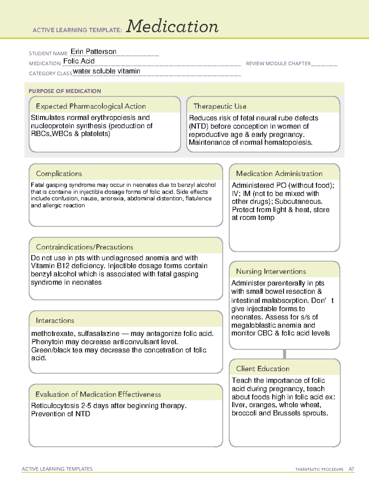 Folic Acid Medication Card: Active Learning Template for CL A SS - Studocu