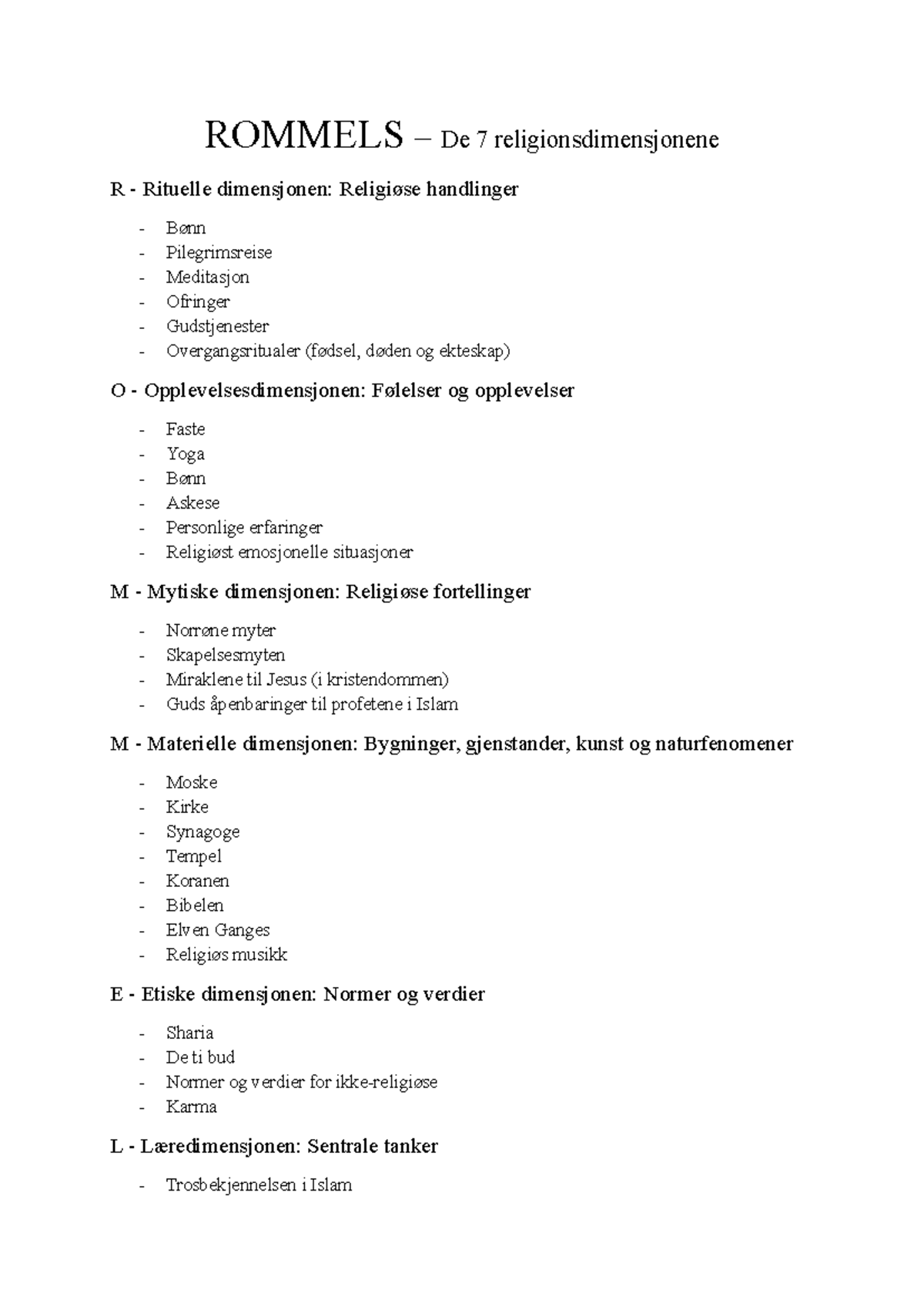 Rommels 7 Religionsdimensjoner: En Analyse av Religiøse Praktiser - Studocu
