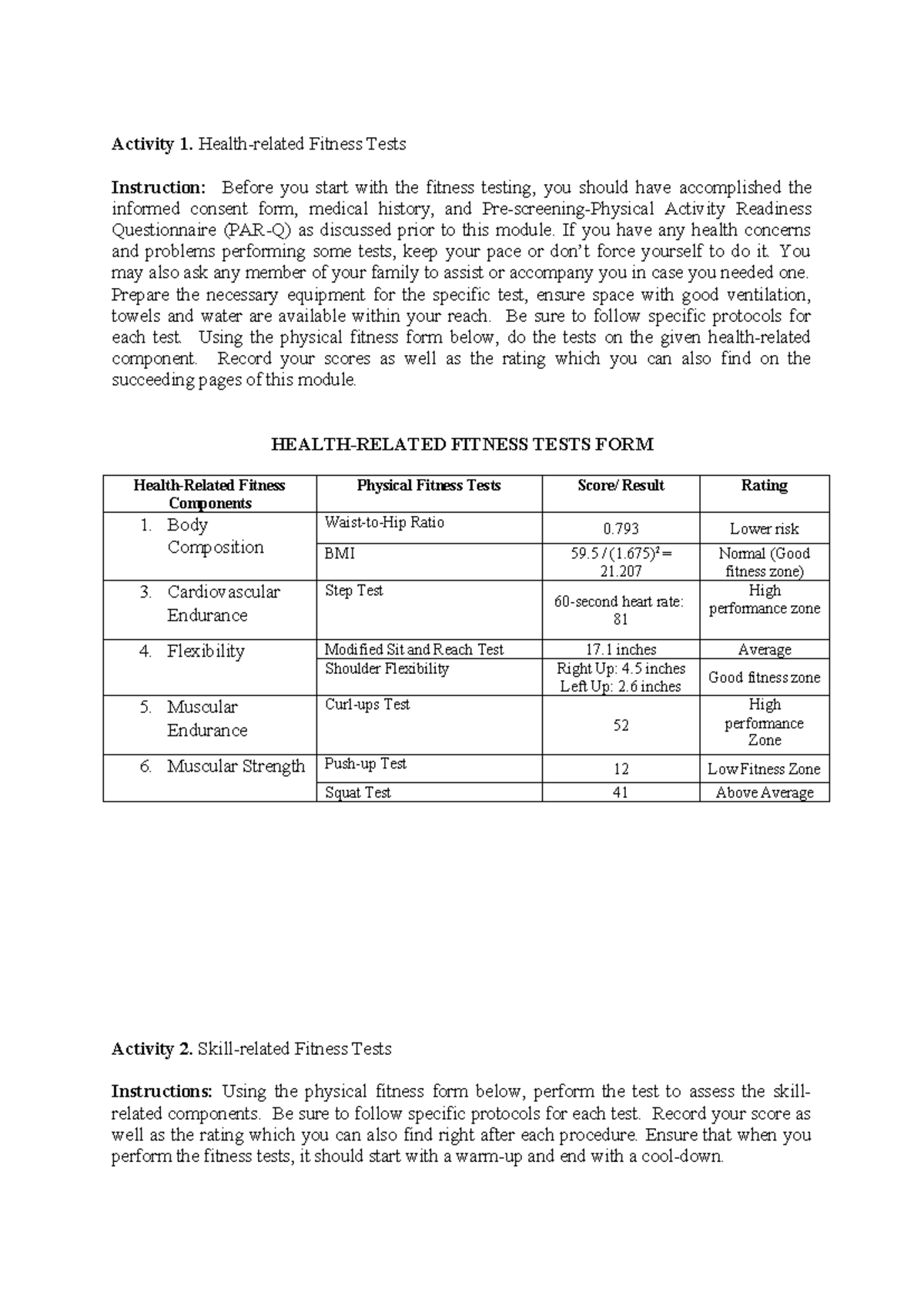 PE Fitness Test Activities Form (Health & Skill Components) - Studocu
