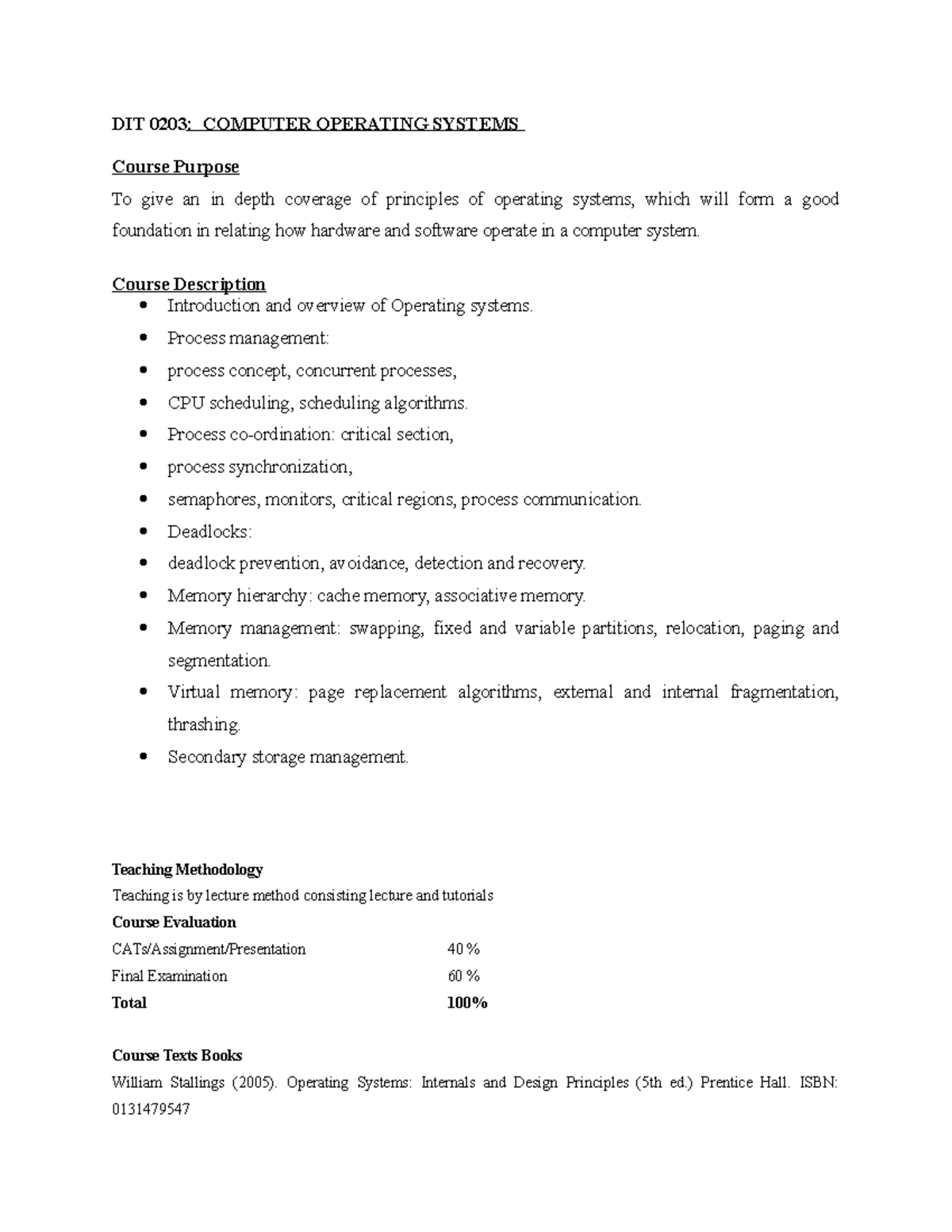 DIT 0203: Computer Operating Systems Course Outline - Lecture Notes ...
