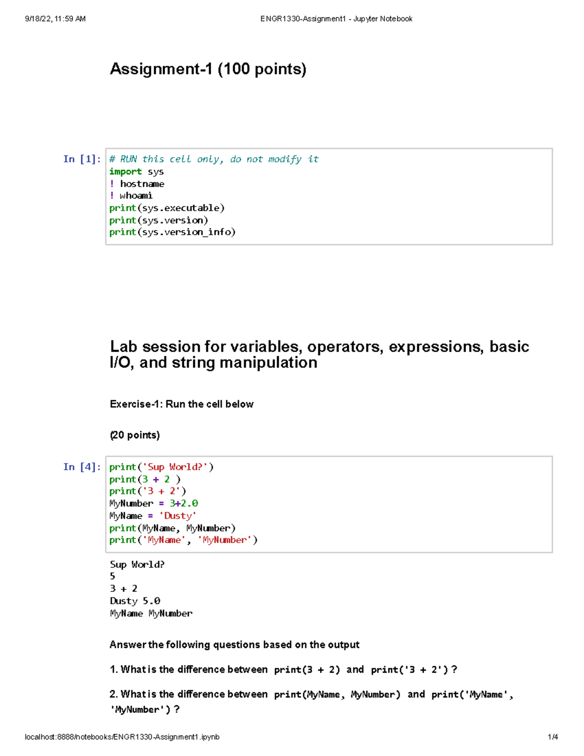 ENGR1330 - Assignment 1: Exploring Python Variables and Data Types - Studocu