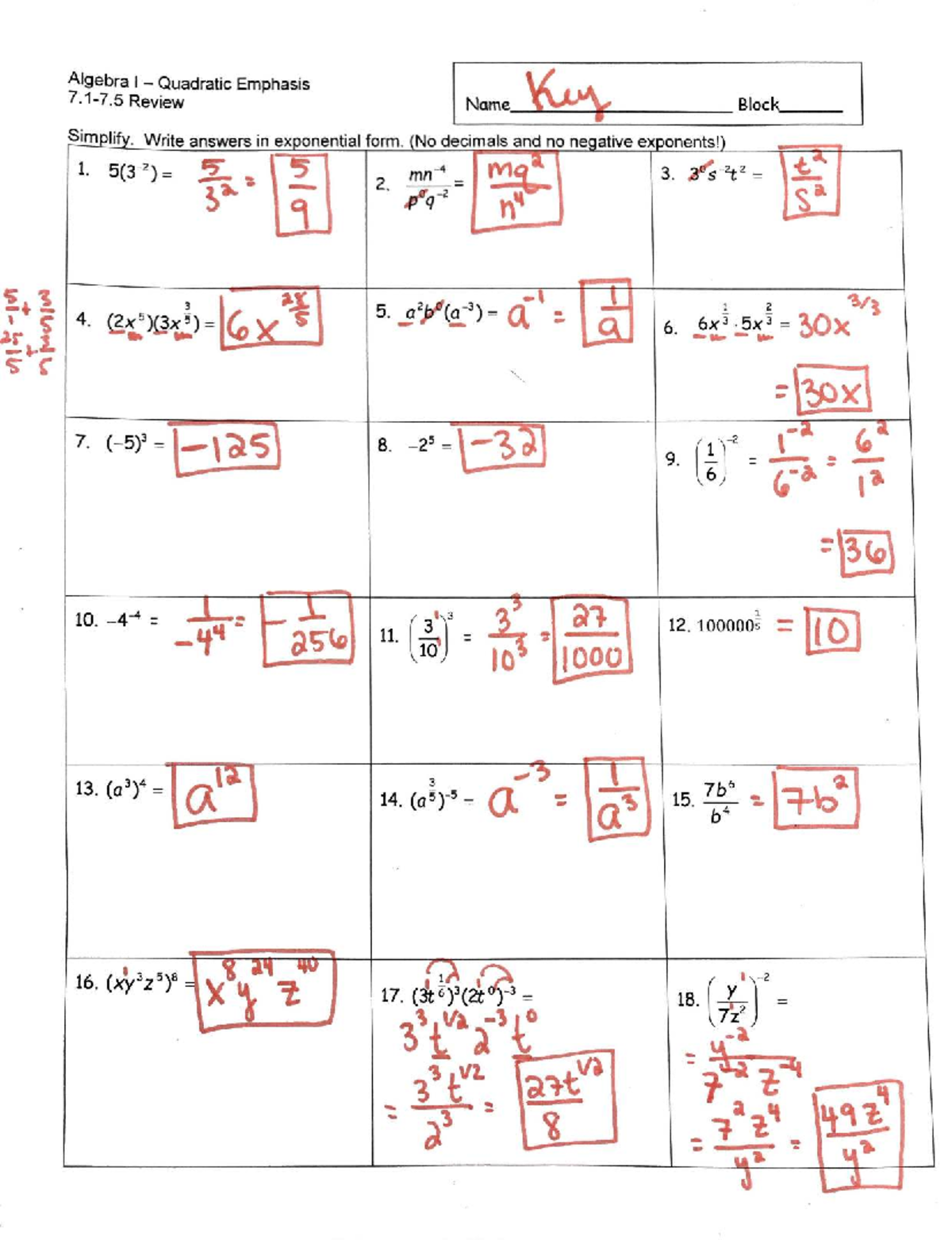 Algebra I Review WS Key: Quadratic Emphasis (7.1-7.5) - Studocu