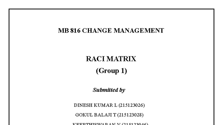 MB 816 CHANGE MANAGEMENT RACI MATRIX: Group 1 Analysis and Insights ...