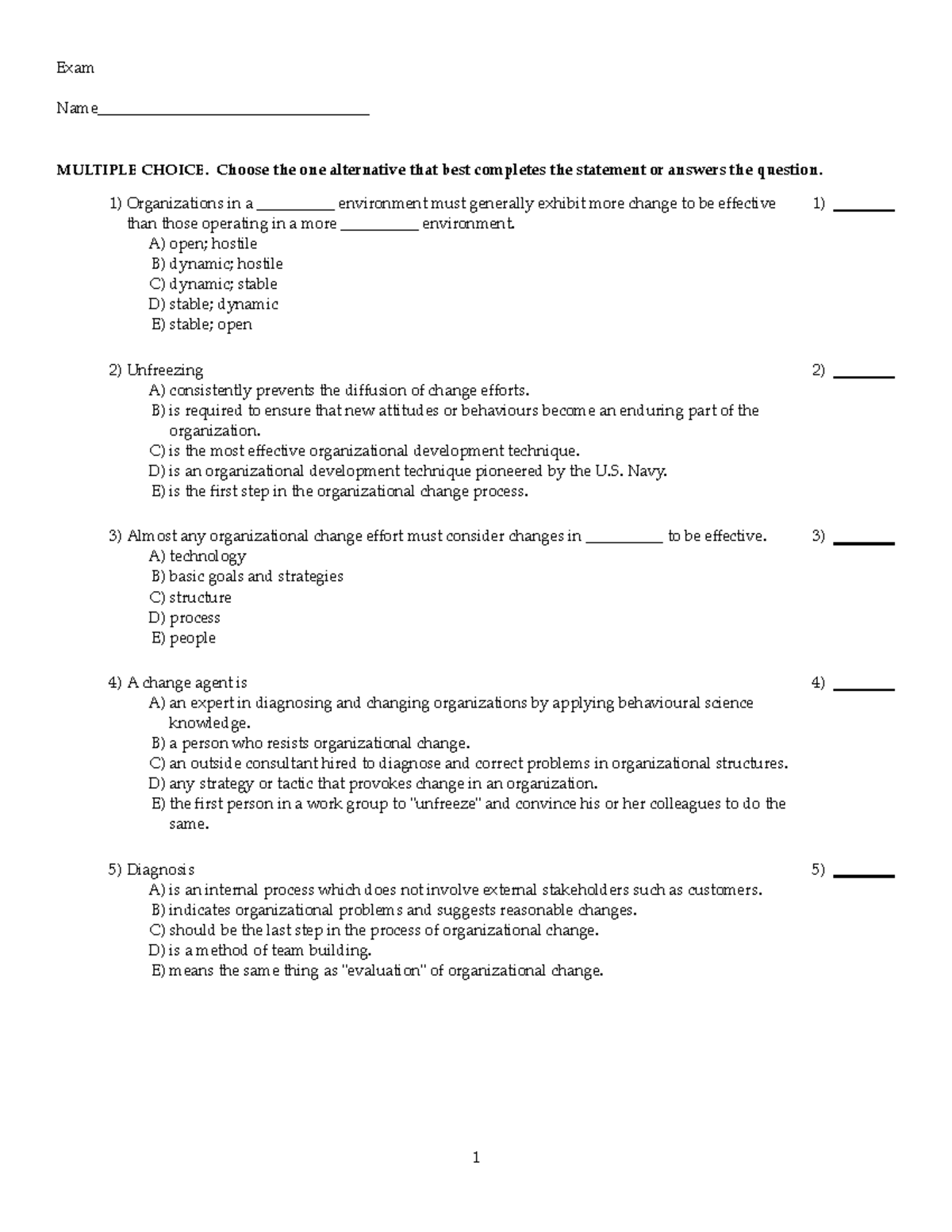 Exam MCQ - Organizational Change and Development (Course Code: ODC101 ...