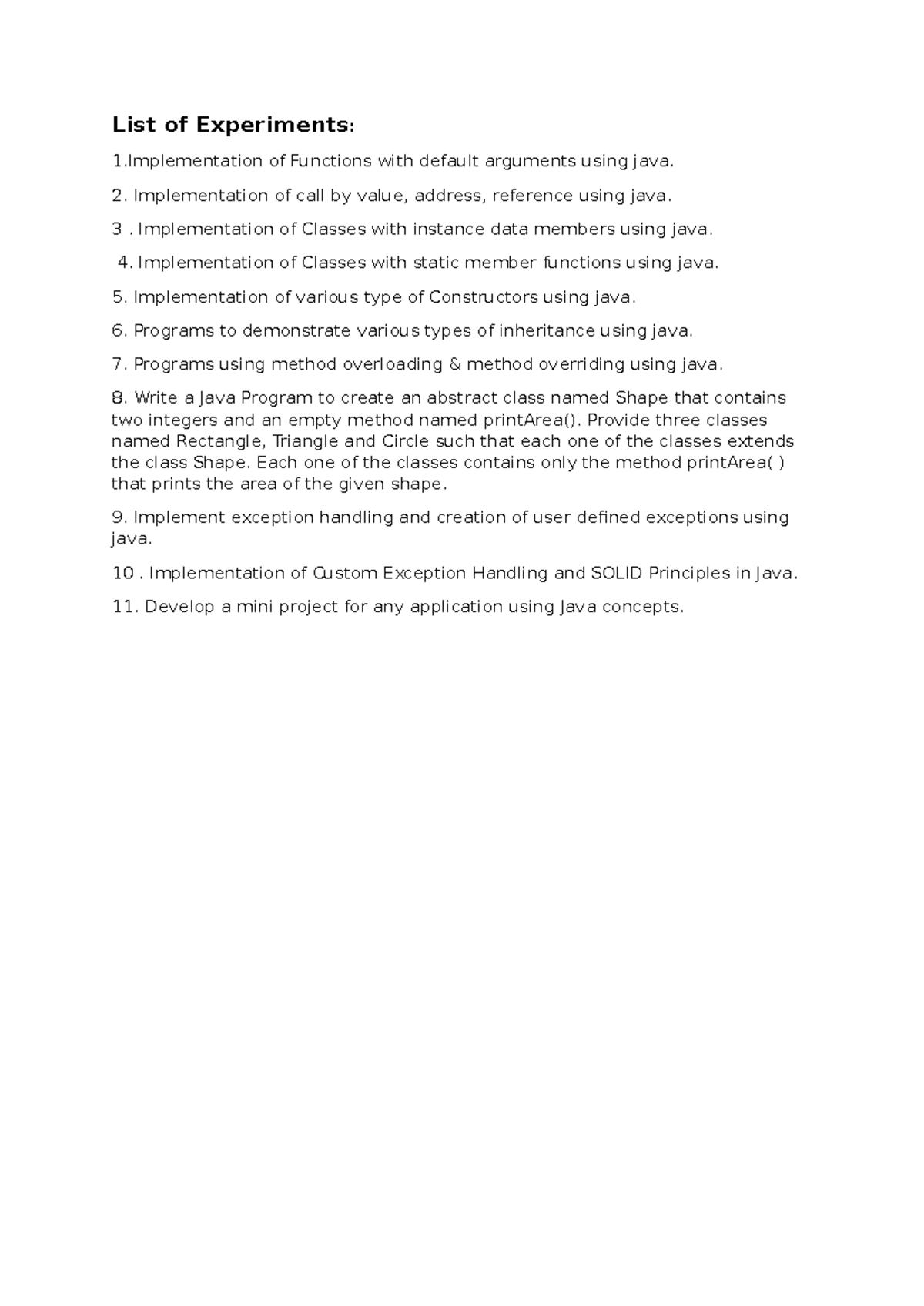 OOP in Java: List of Experiments and Implementations - Studocu