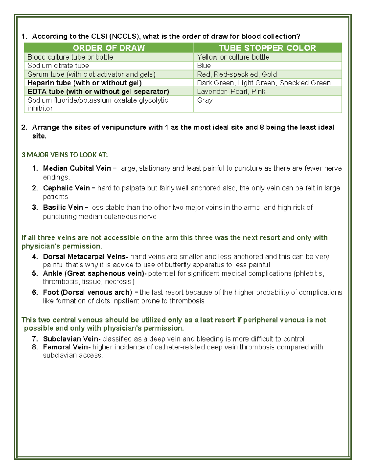 Blood Collection - xgstdshcjvj - 1. According to the CLSI (NCCLS), what ...