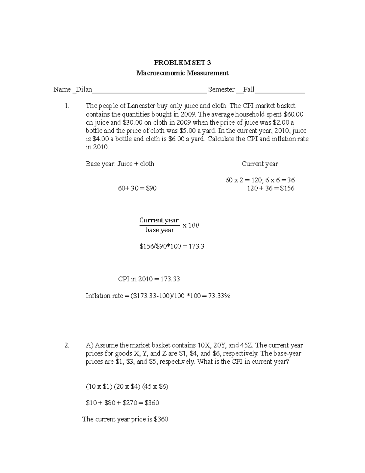 Problem set 3 - Answers - PROBLEM SET 3 Macroeconomic Measurement Name - Studocu