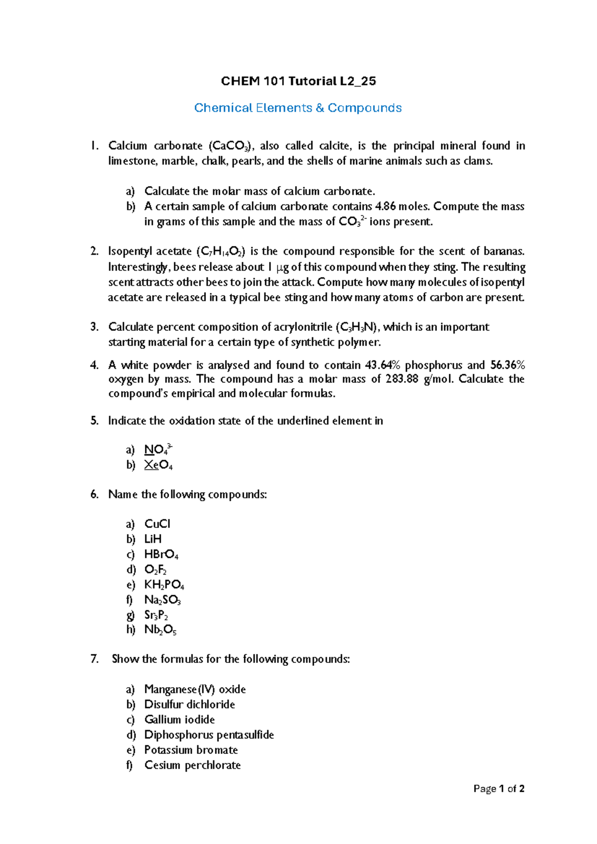CHEM 101 Tutorial L2_25 - Chemical Elements & Compounds Analysis - Studocu