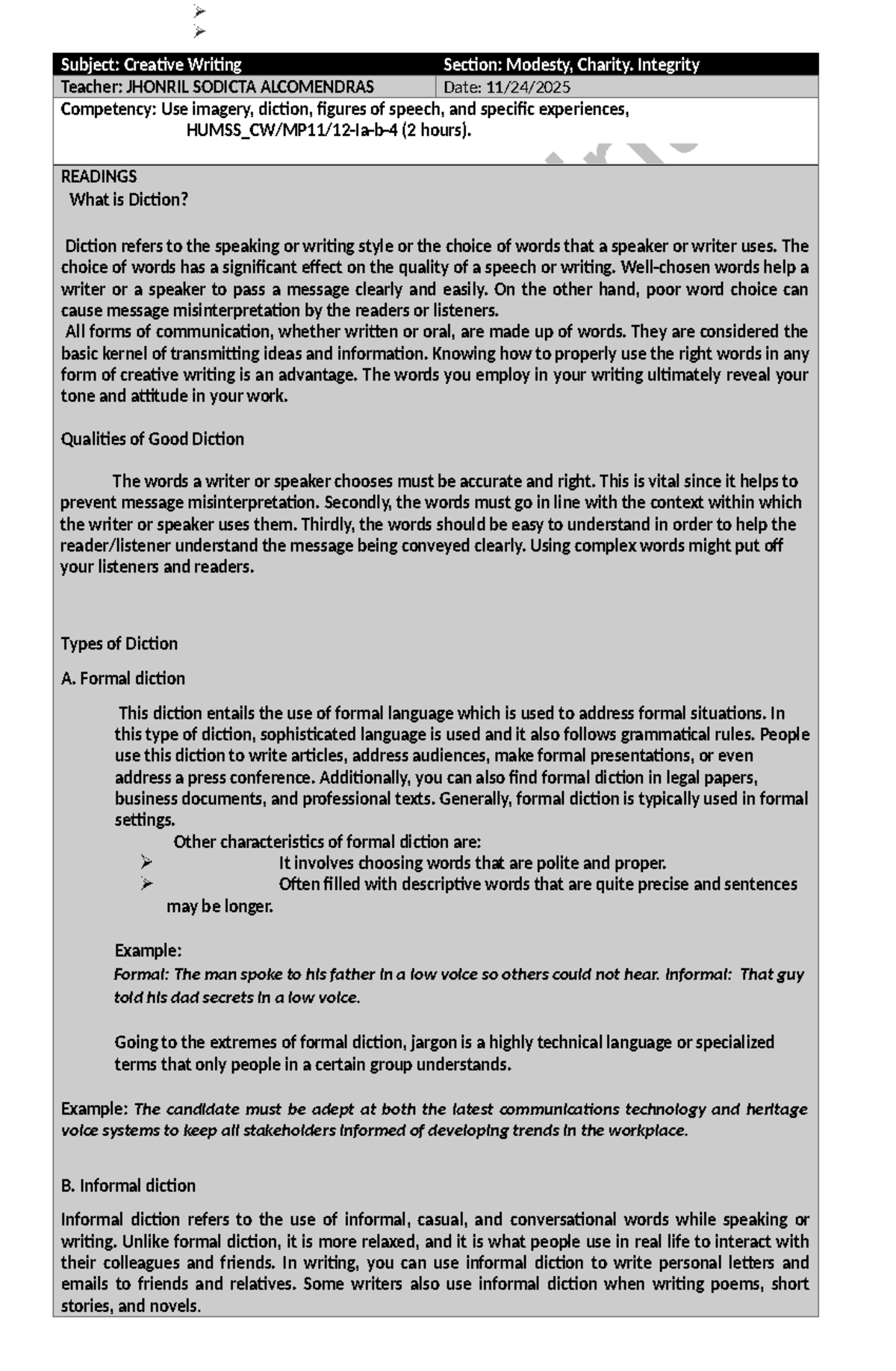 Creative Writing: Diction Types & Applications (ADM) - Studocu