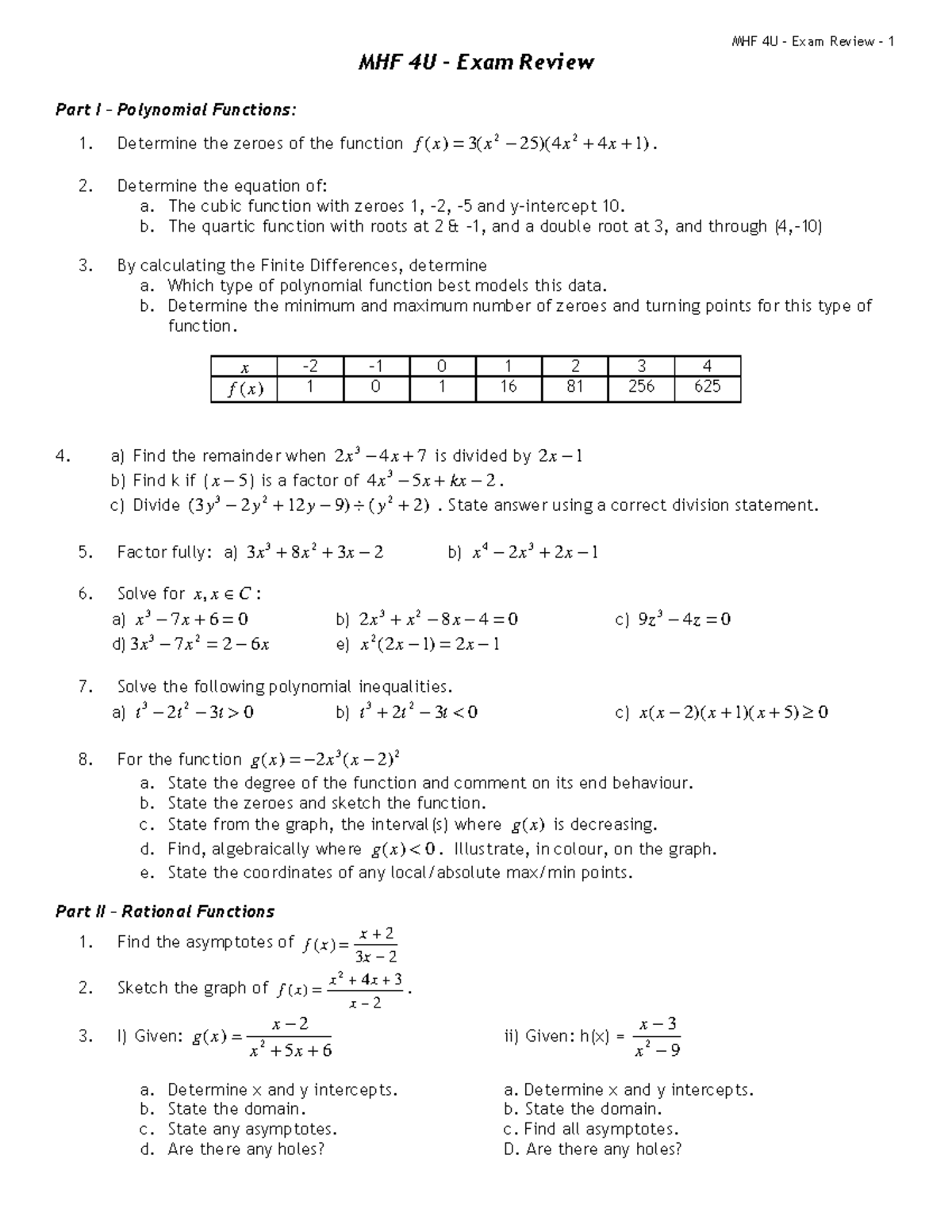 MHF 4U Final Exam Review: Polynomial, Rational, Trig, and Log Functions ...