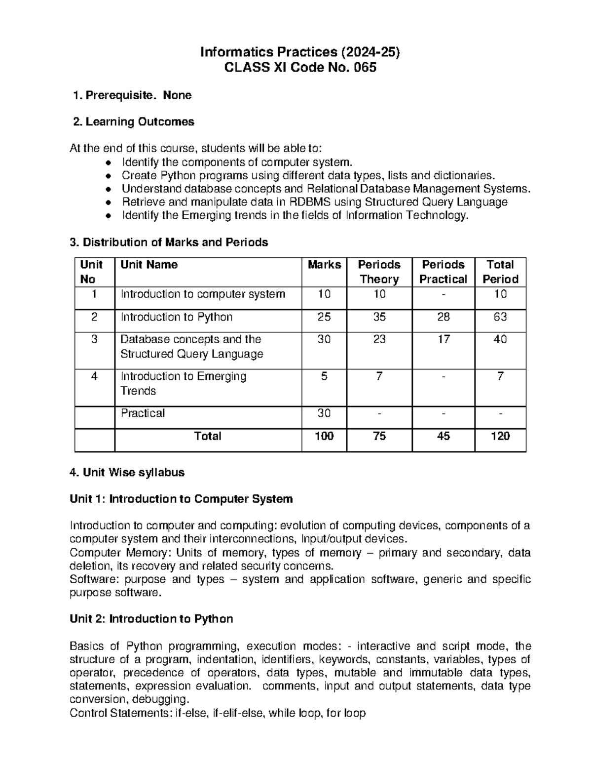 Informatics Practices for Class XI & XII - Syllabus Overview (2024-25) - Studocu