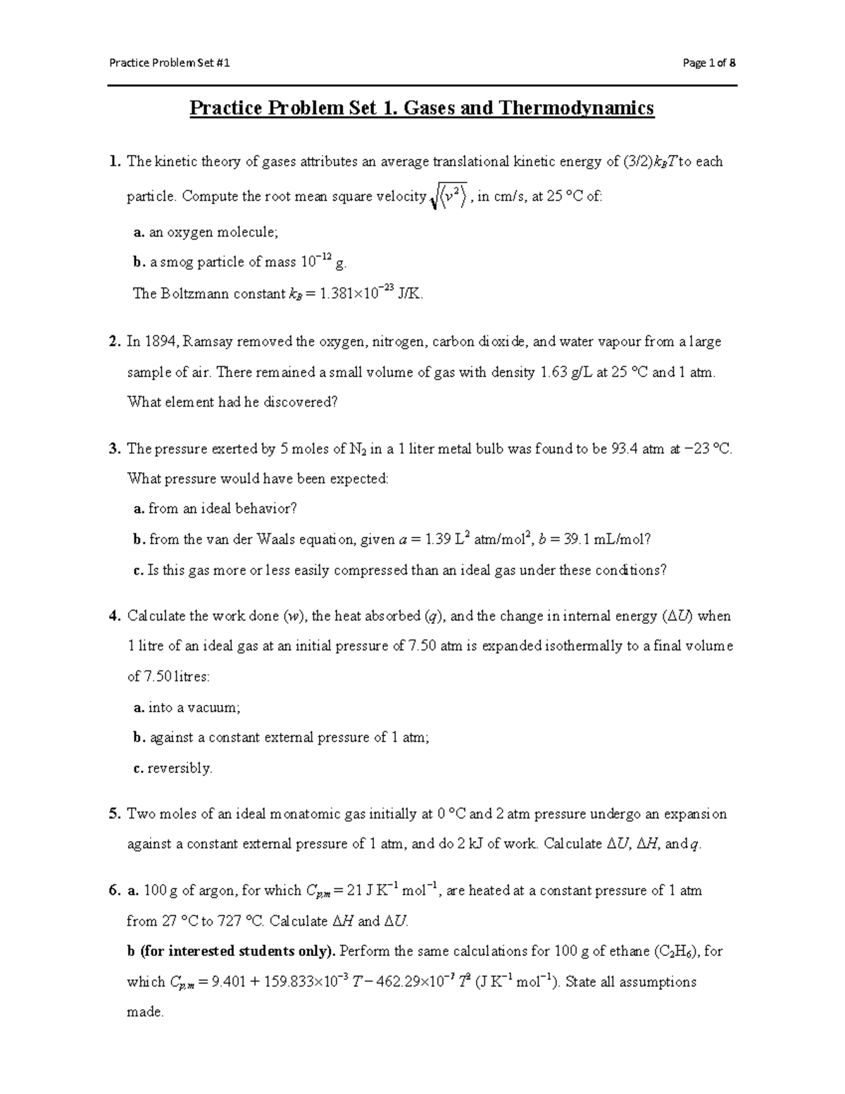 pset 1 practice - Practice Problem Set 1. Gases and Thermodynamics The ...