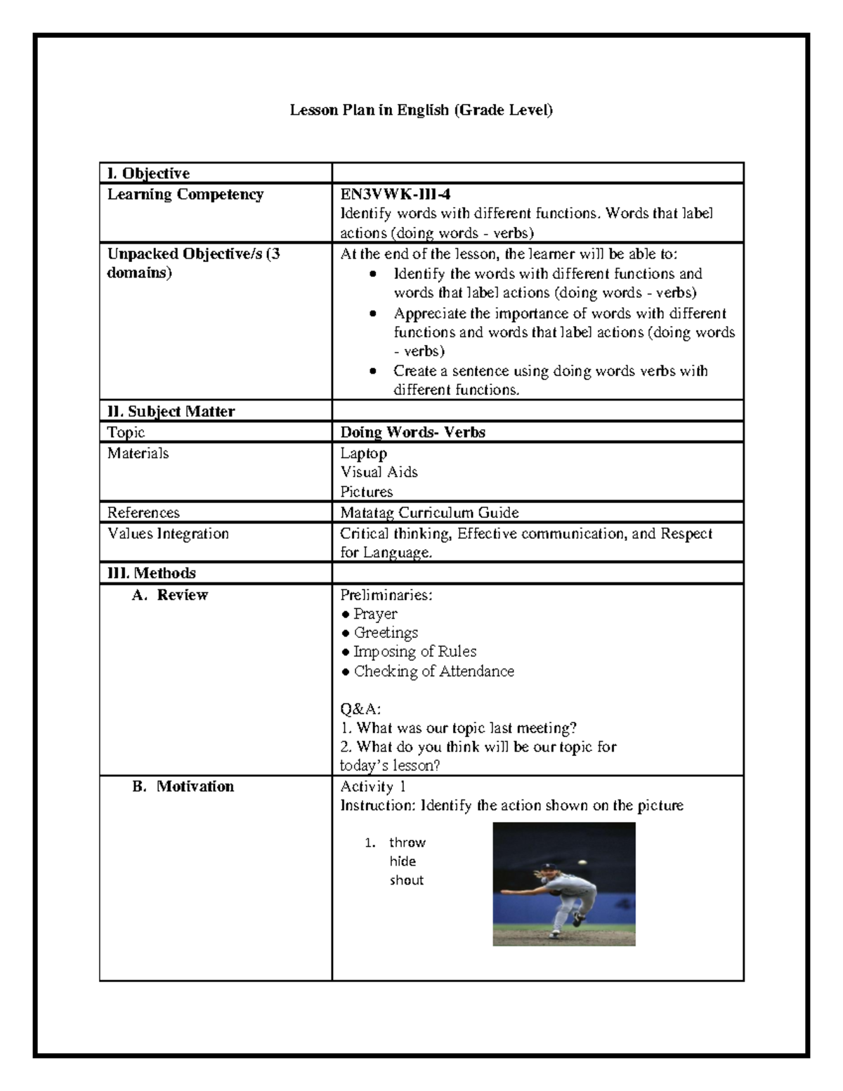 Lesson Plan in English: Engaging with Verbs (Grade EN3VWK-III-4) - Studocu