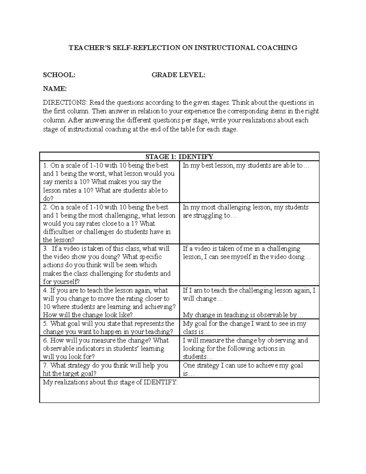 SELF- Reflection ON Instructional Coaching (1) 2 - TEACHER’S SELF ...
