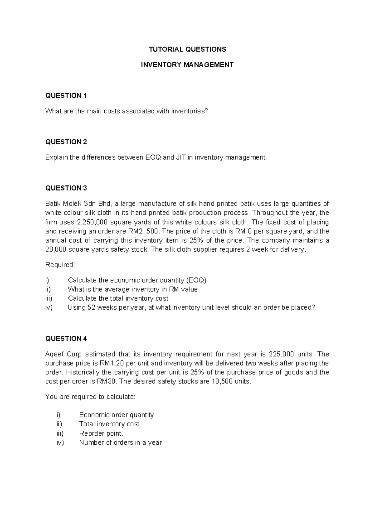 Tutorial Questions: Inventory Management (IM 101) - Studocu