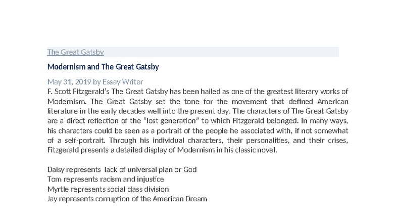 The Great Gatsby Modernism Analysis Notes - NVT - Studeersnel