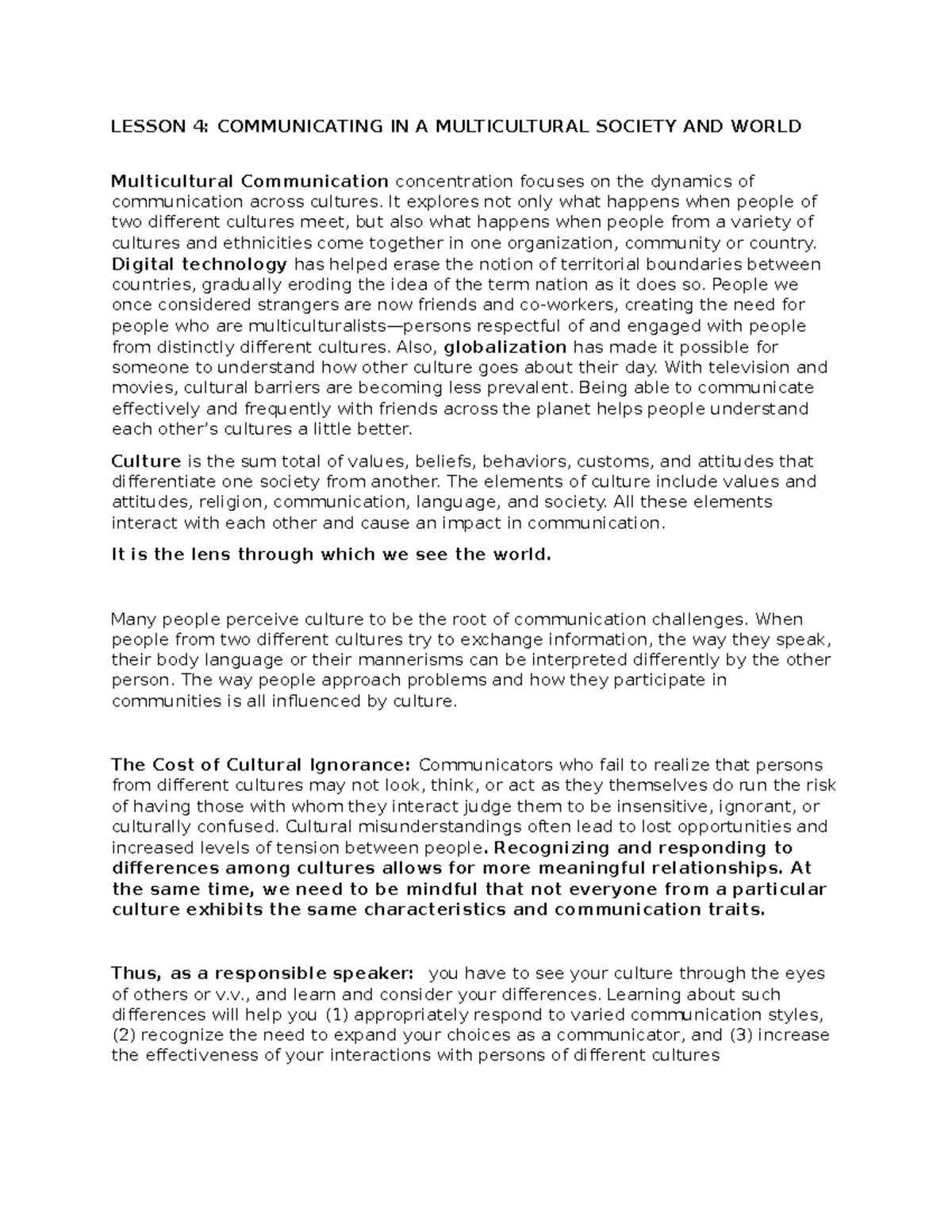 LESSON 4: COMMUNICATING IN A MULTICULTURAL SOCIETY (1st Yr) - Studocu