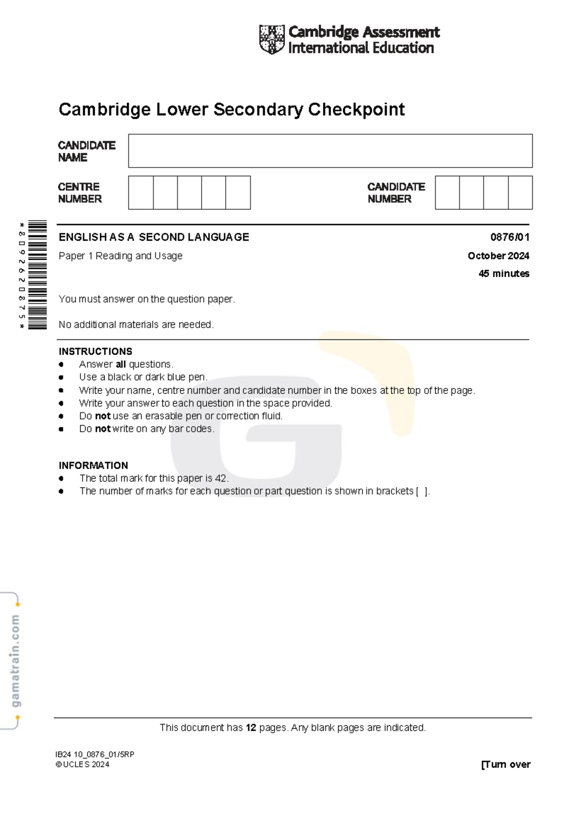 Cambridge Lower Secondary Checkpoint ESL Paper 1 Reading & Usage Oct ...