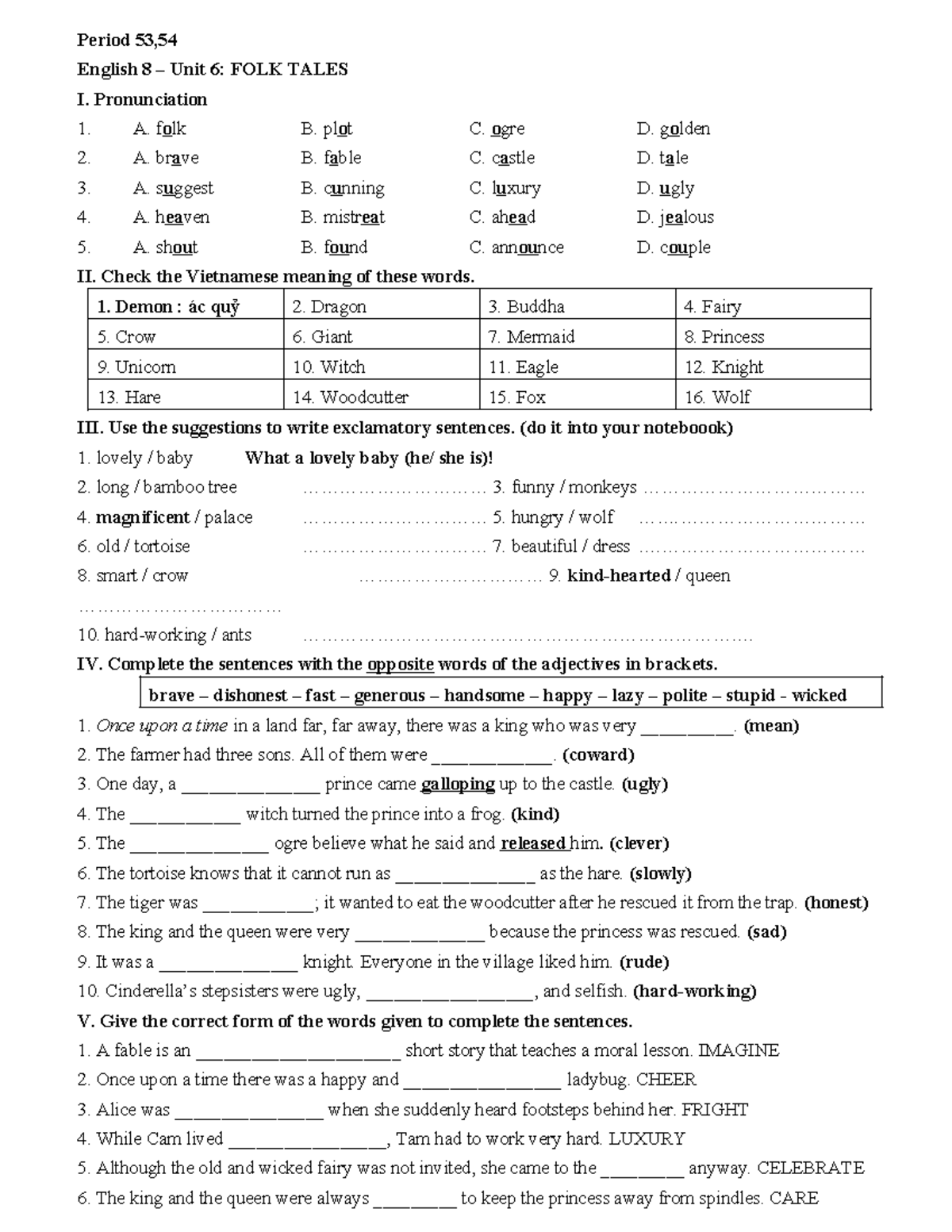 Unit 6 Review: Folk Tales & Vocabulary Practice - English 8 - Studocu