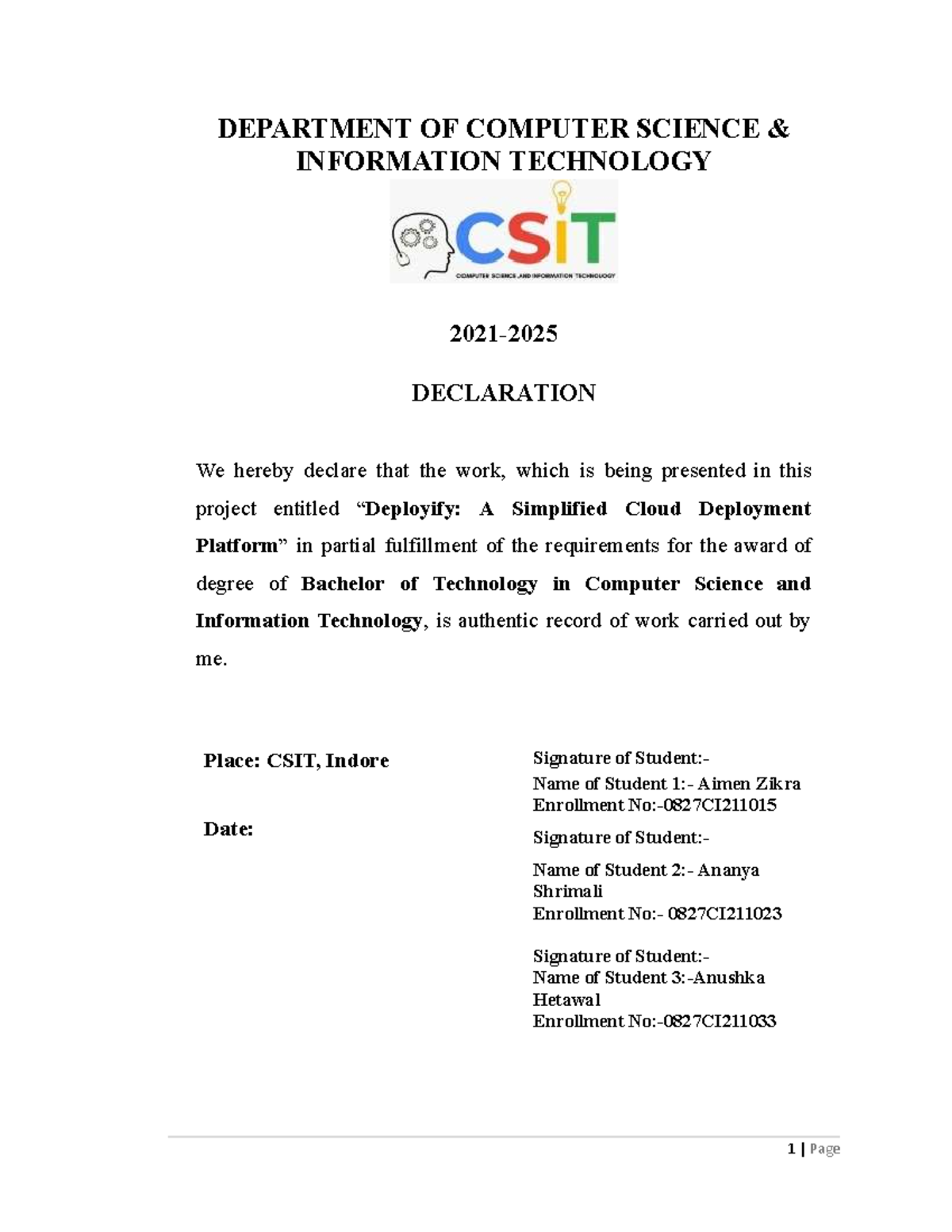 B.Tech Project Report: A Simplified Cloud Deployment (CSIT) - Studocu