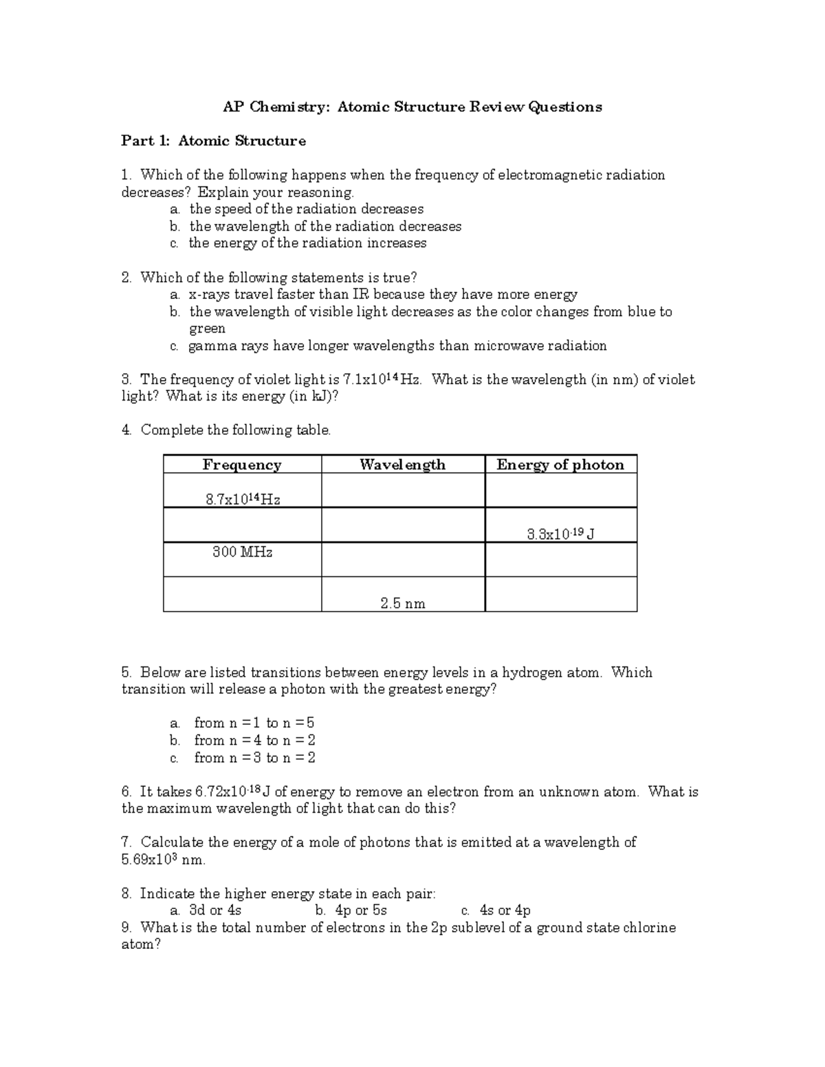 AP Chemistry: Comprehensive Atomic Structure Review Questions - Studocu