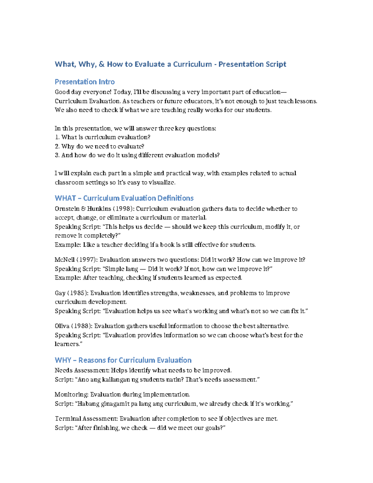 Curriculum Evaluation Presentation Script: What, Why, How - Studocu