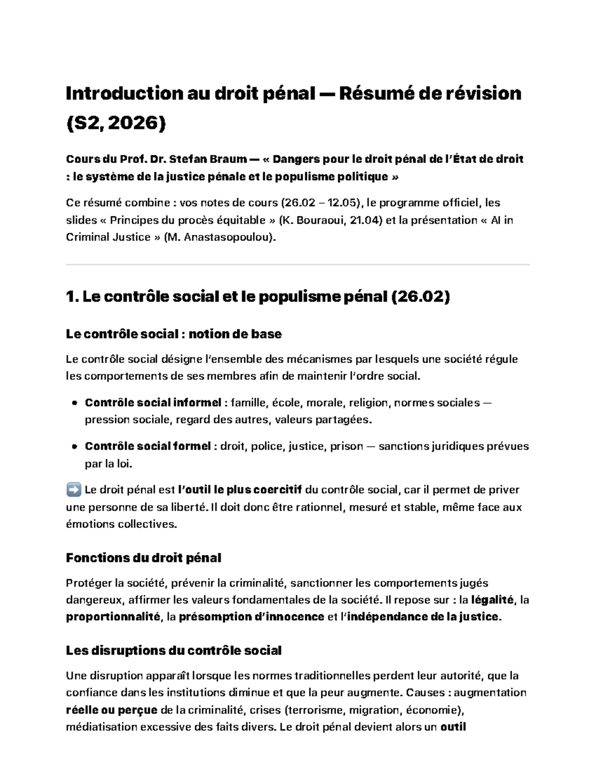 Résumé de révision Droit Pénal S2 : Populisme et Justice - Studocu
