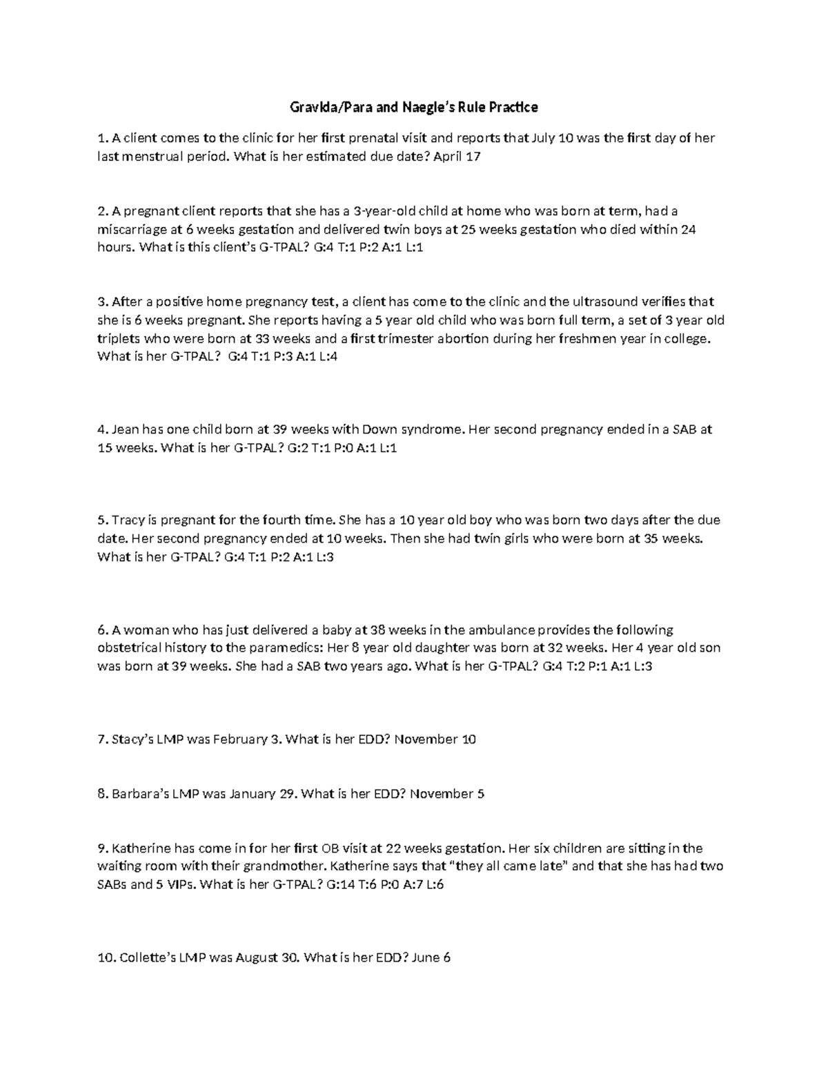 Gravida Para and EDD Practice: Prenatal Visit Scenarios and ...