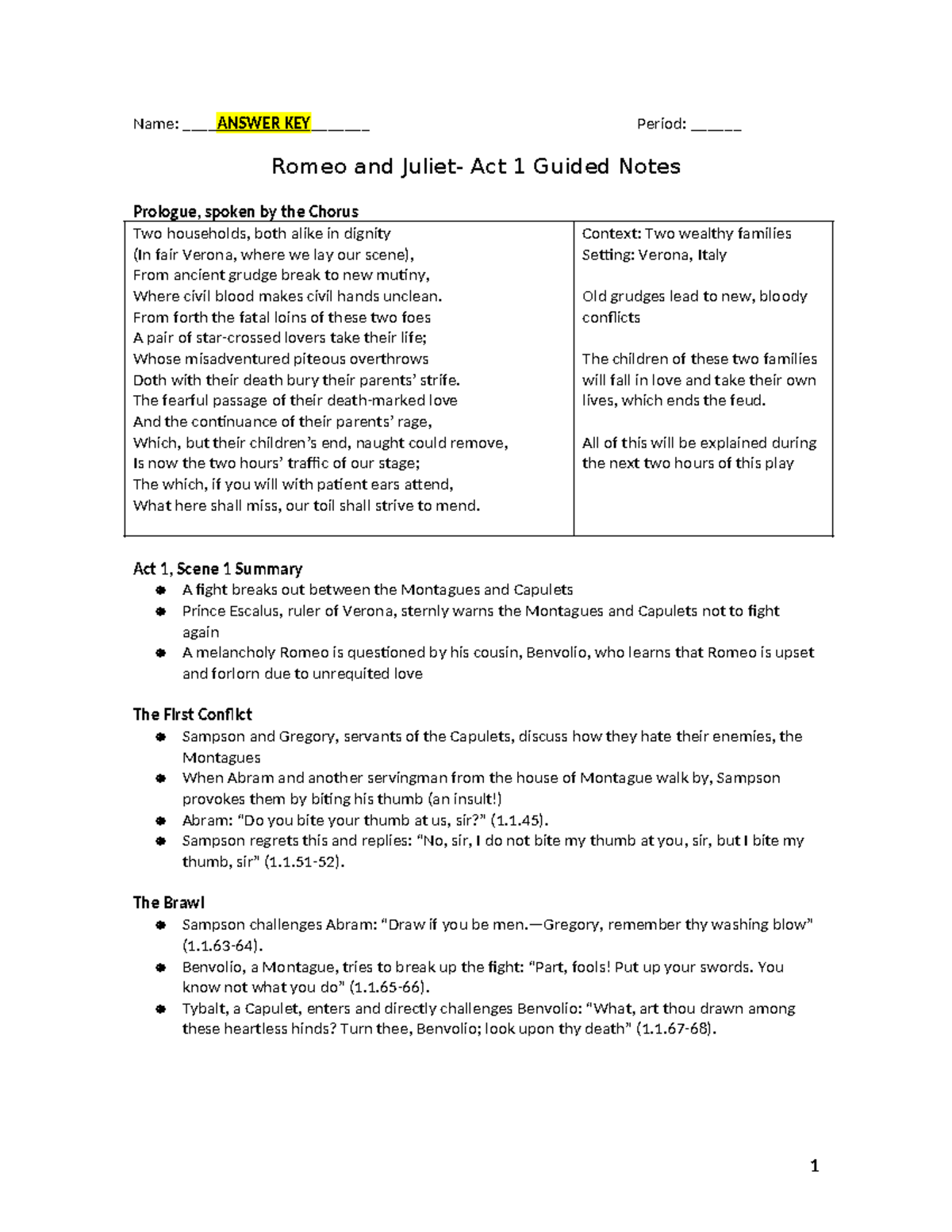 Romeo and Juliet (ENG 101): Act 1 Guided Notes Answer Key - Studocu