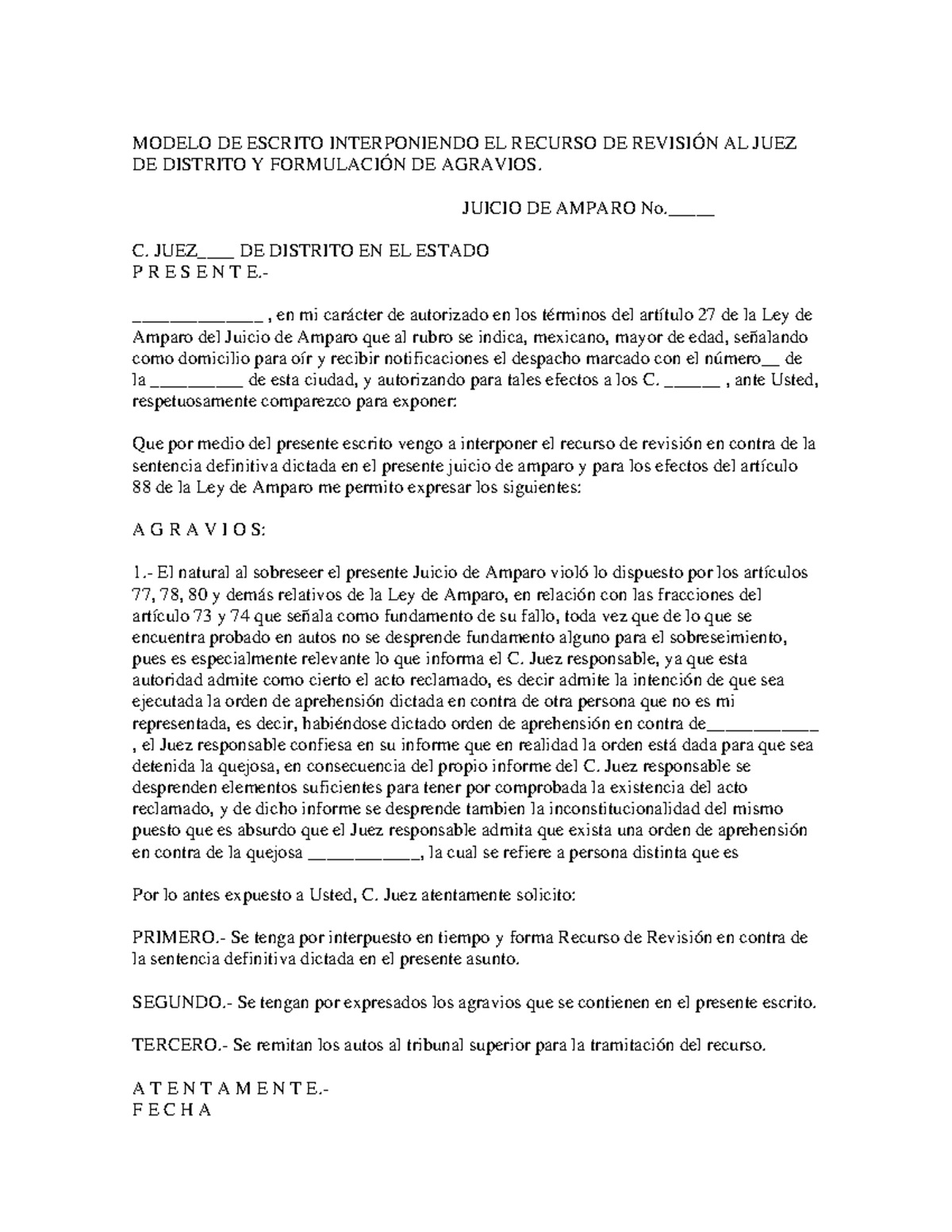 Modelo De Escrito Para Recurso De Revisión Al Juez De Distrito Studocu