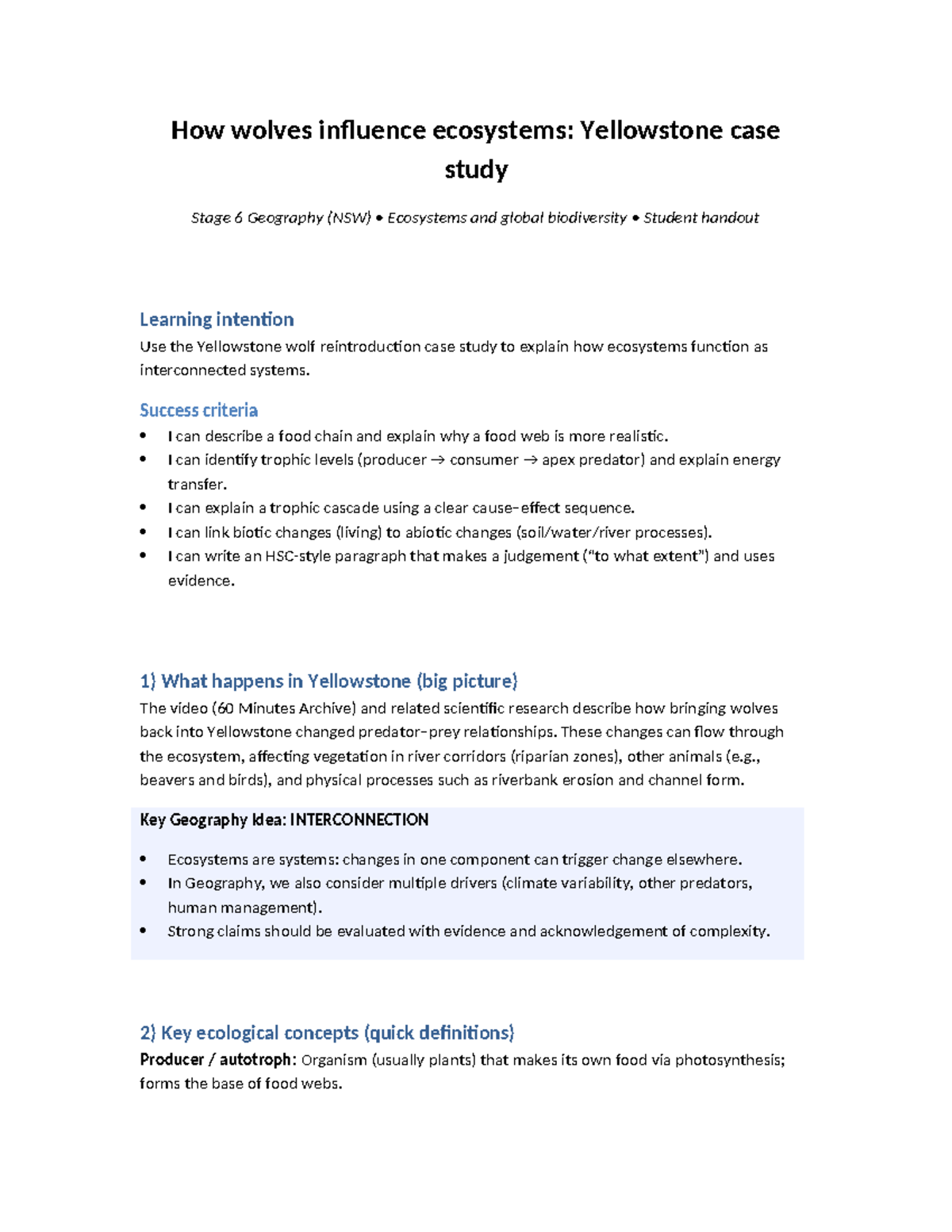 Wolves and Ecosystem Dynamics: Yellowstone Case Study Stage 6 Geography ...