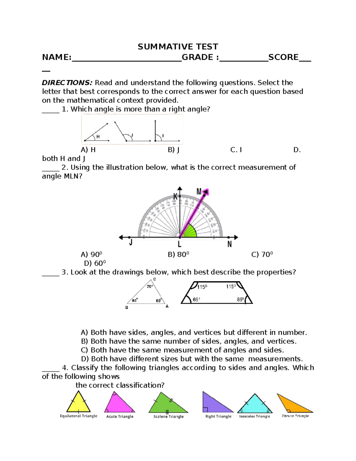 MATH4-Q1-W1-2 - Summative Test on Angles and Triangles - Studocu