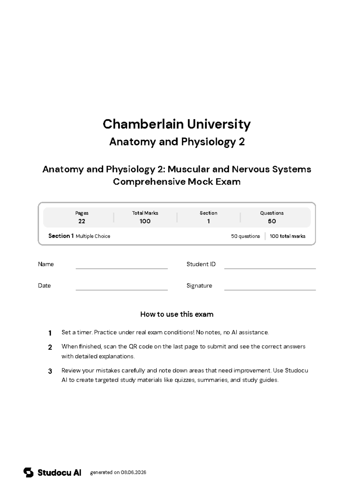 Anatomy and Physiology 2: Muscular and Nervous Systems Mock Exam - Studocu