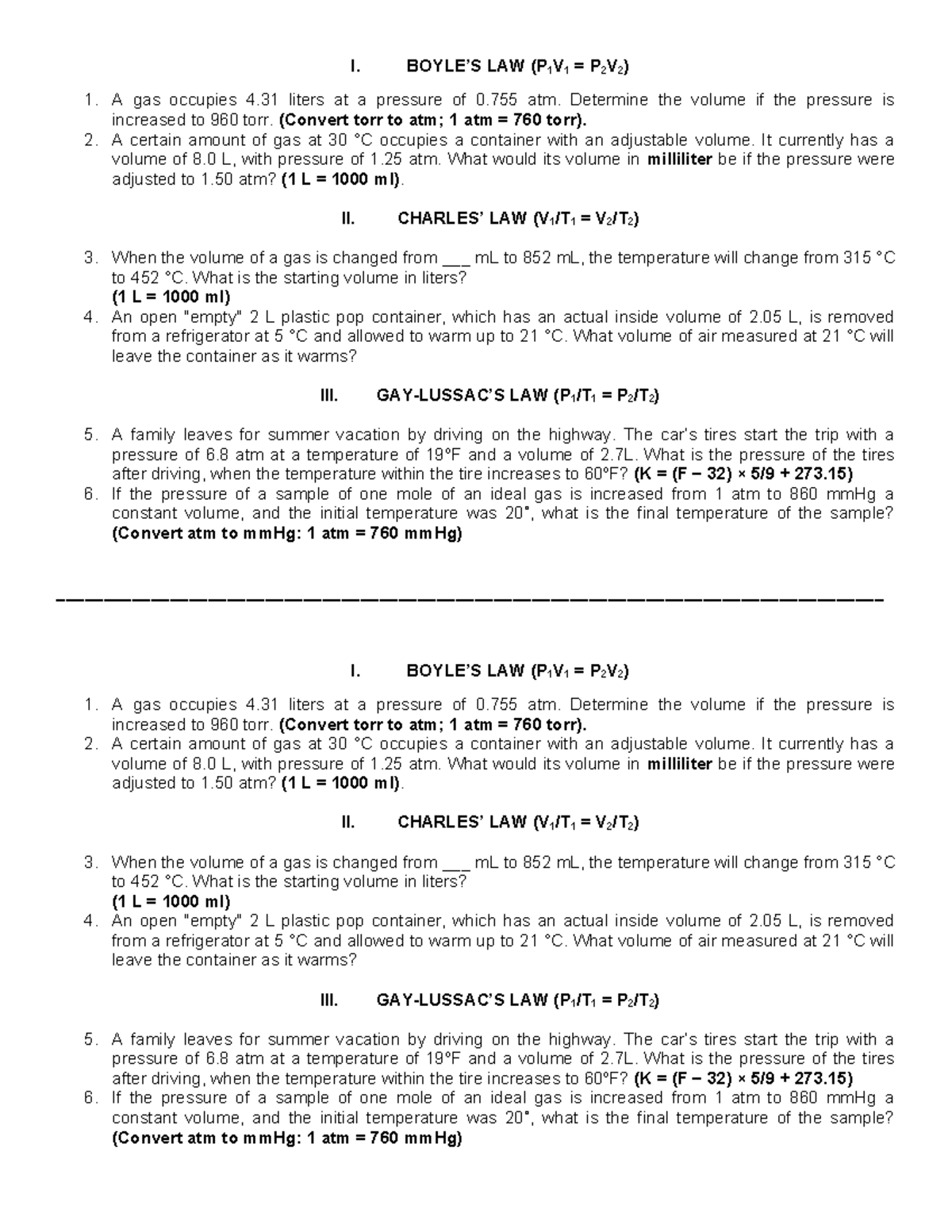 GAS LAW QUIZ (GAS101) - Practice Problems on Boyle’s, Charles’, & Gay ...