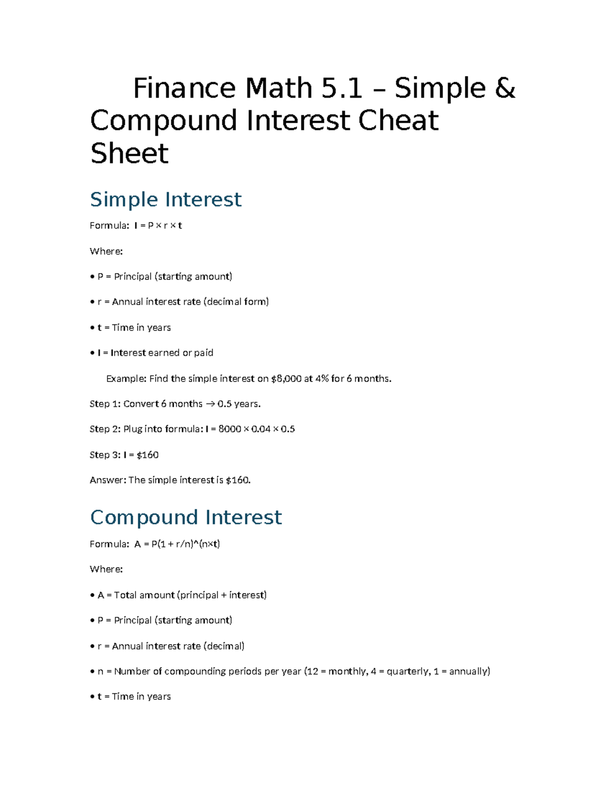 Finance Math 51 - Simple & Compound Interest Cheat Sheet - Studocu