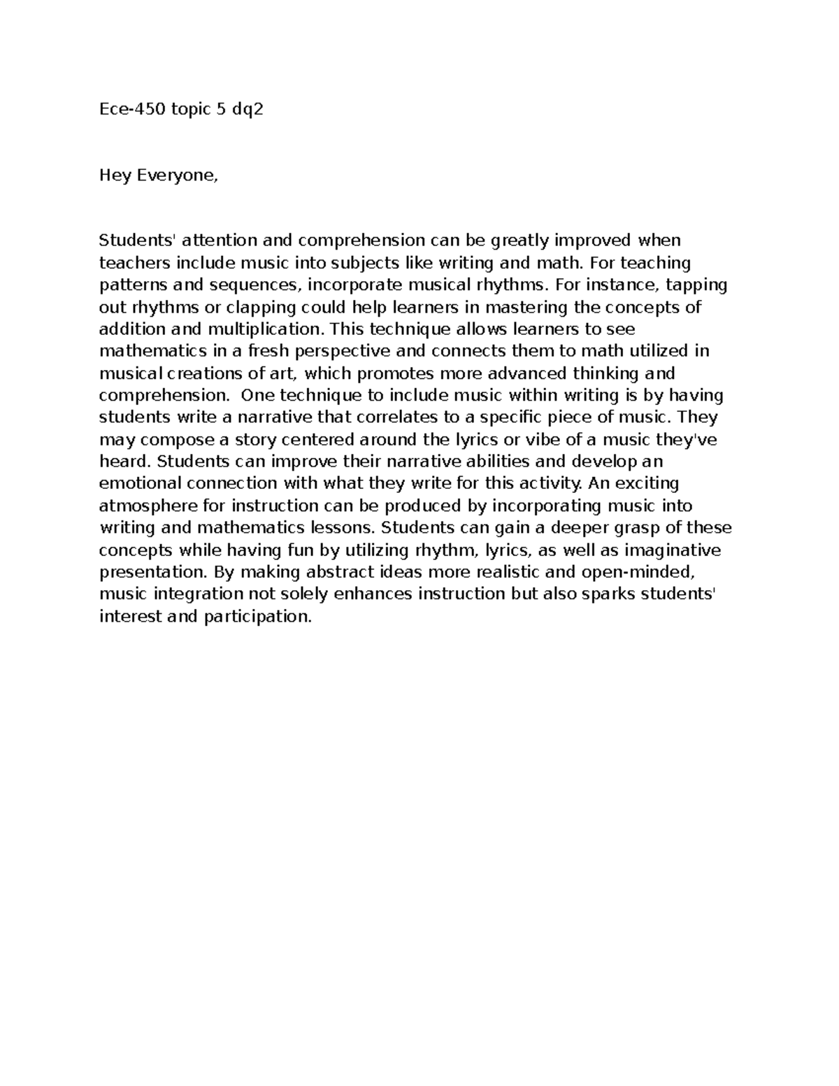 ECE-450 Topic 5 DQ2: Enhancing Learning Through Music Integration - Studocu