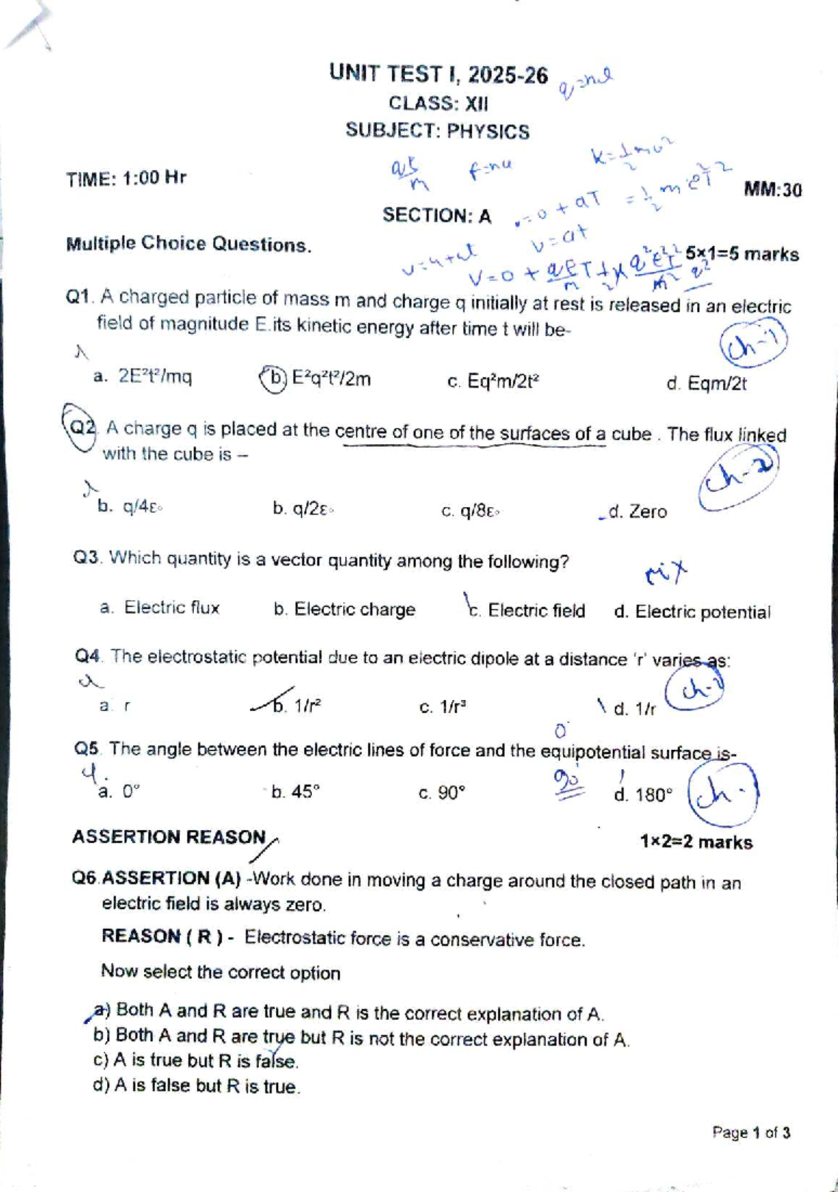 UNIT TEST I, CLASS XII PHYSICS: MCQs & Assertion-Reason Questions - Studocu