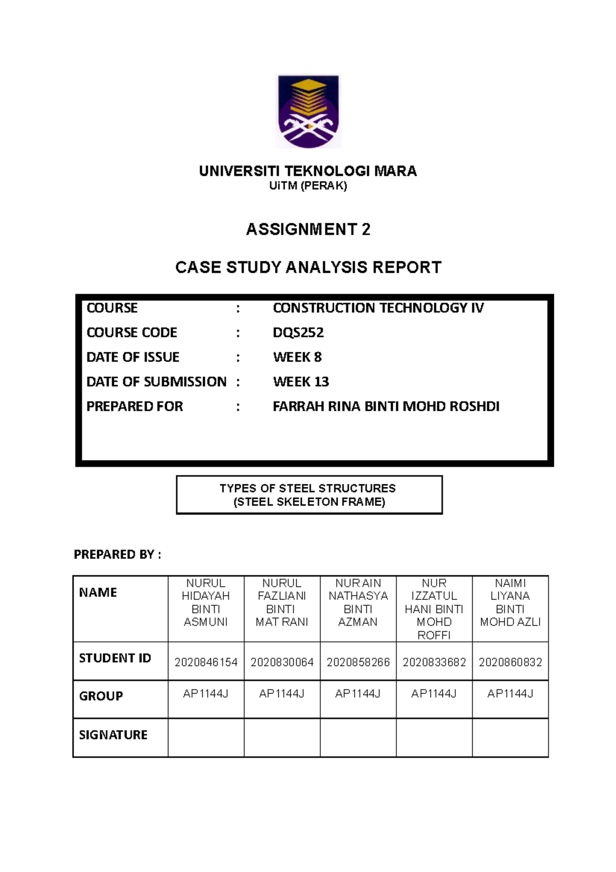 DQS252 - Assignment 2: Case Study Analysis on Steel Structures - Studocu