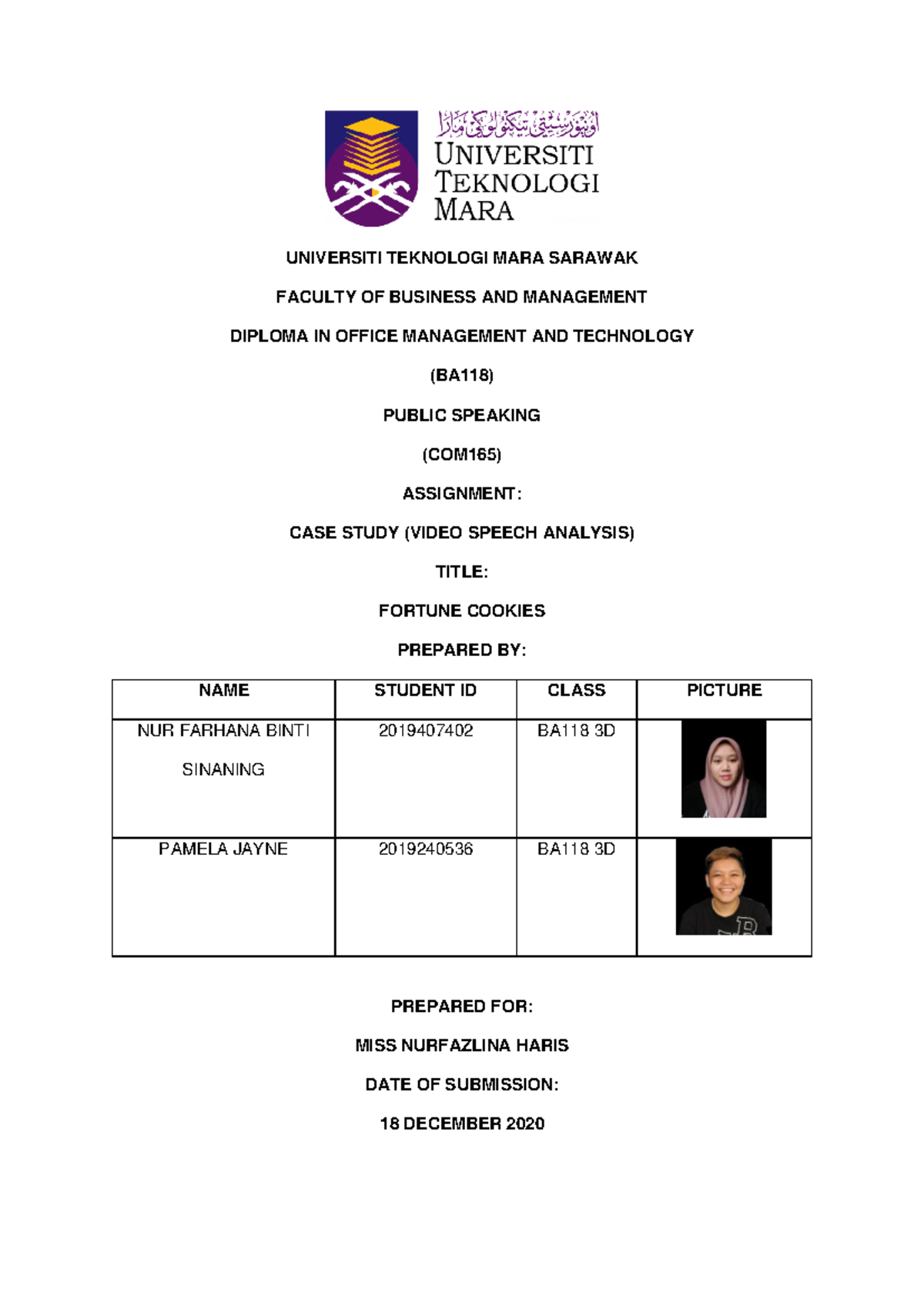 Com165 Speech Analysis Case Study Universiti Teknologi Mara Sarawak
