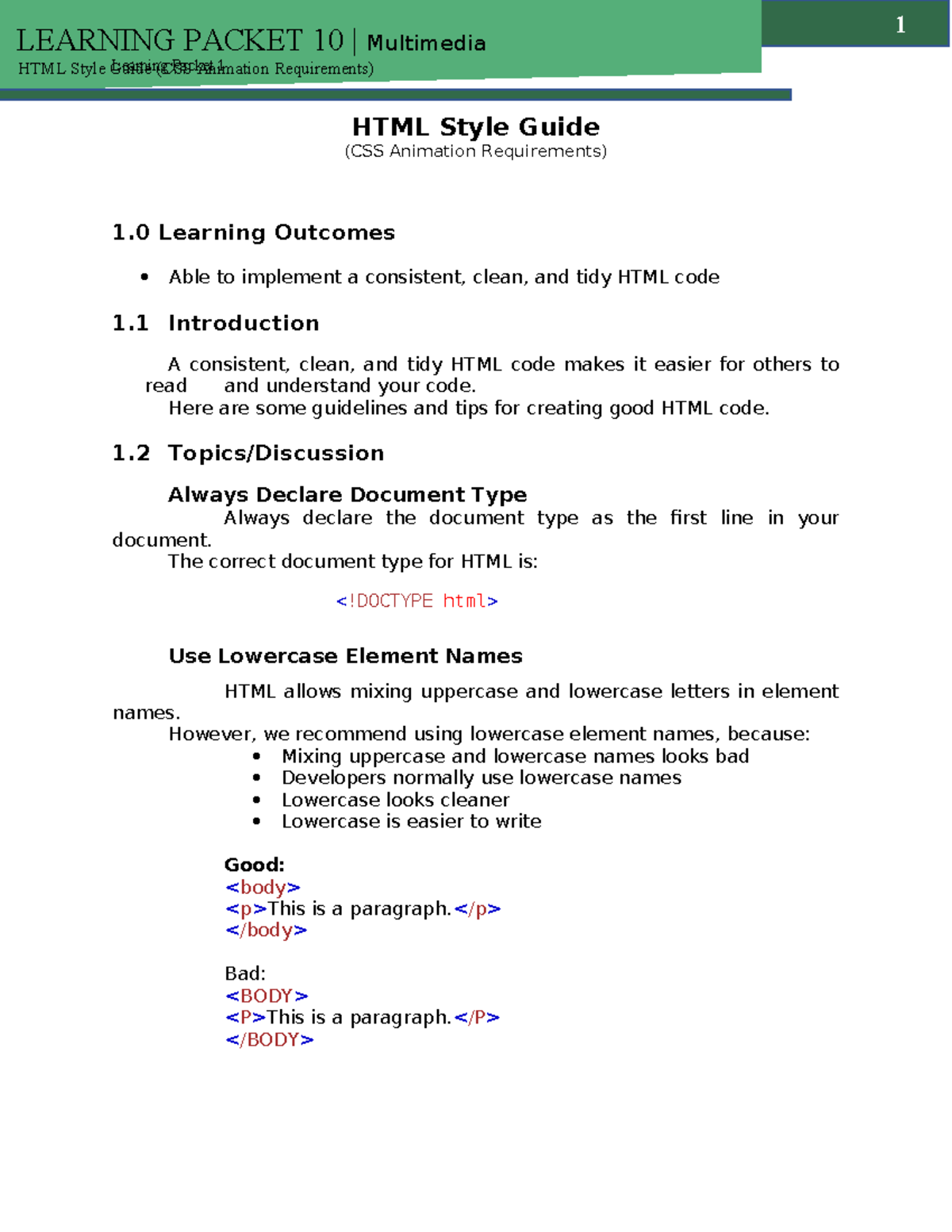 LEARNING PACKET 10 | Multimedia - HTML Style Guide: CSS Animation Tips - Studocu