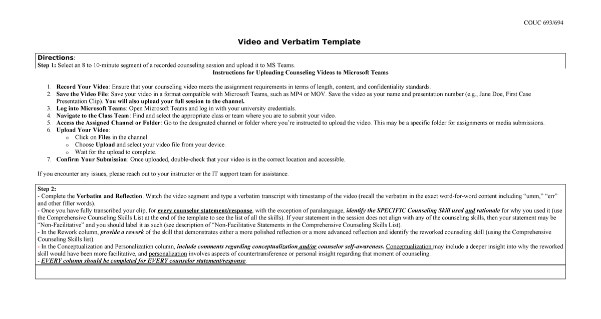 COUC Video Submission & Verbatim Reflection Template Instructions - Studocu