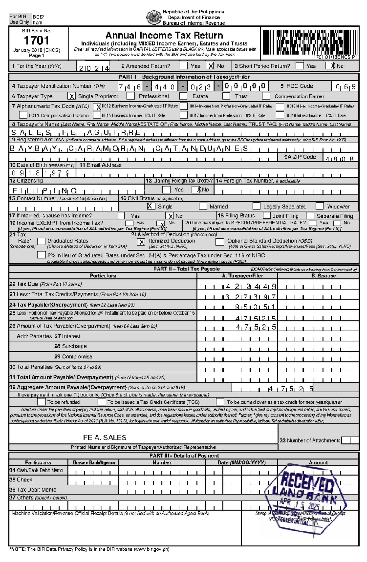 BIR Form No. 1701 Annual Income Tax Return for Individuals (2018 ...