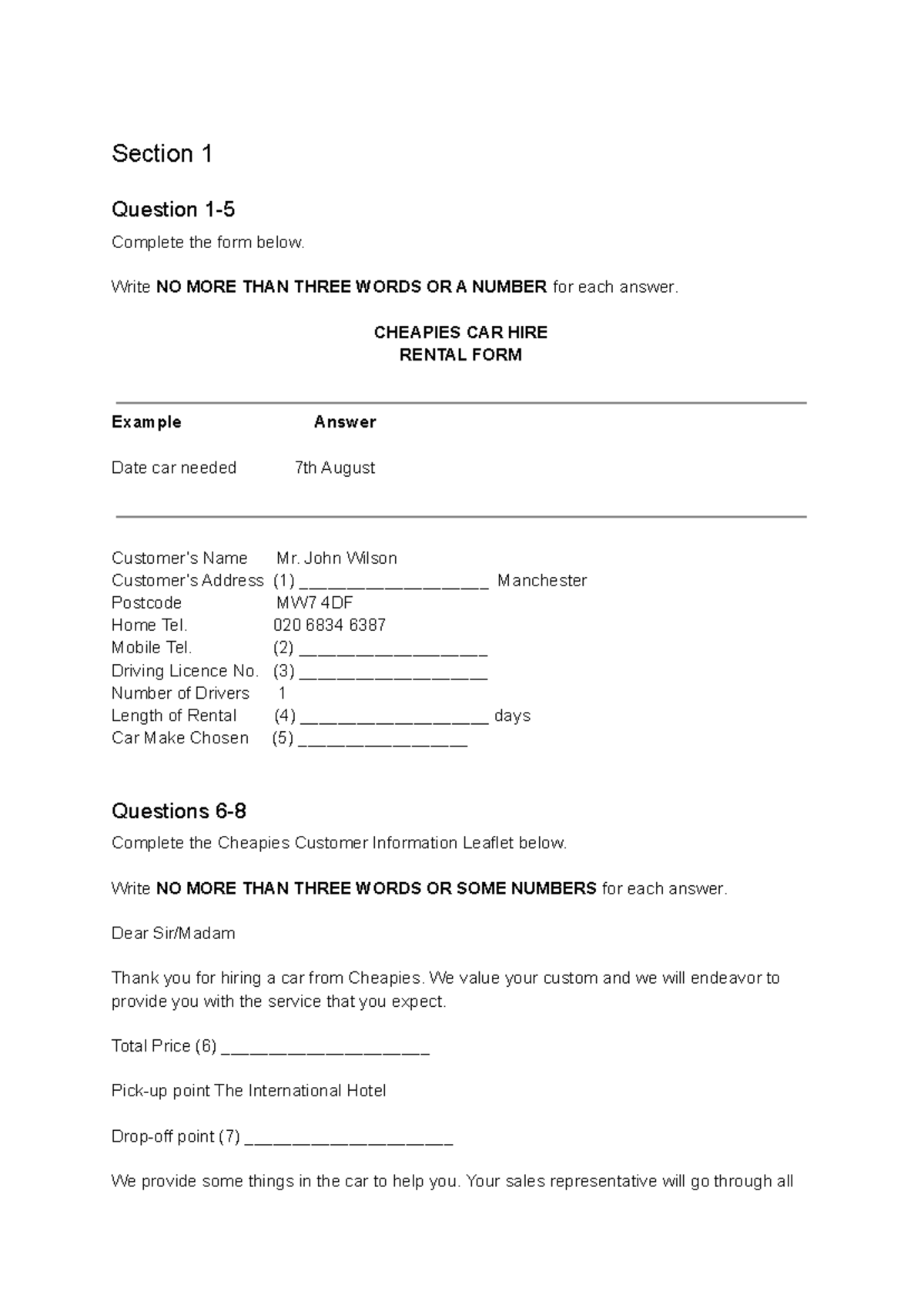 IELTS Listening Practice Test 3 - Cheapies Car Hire Form - Studocu