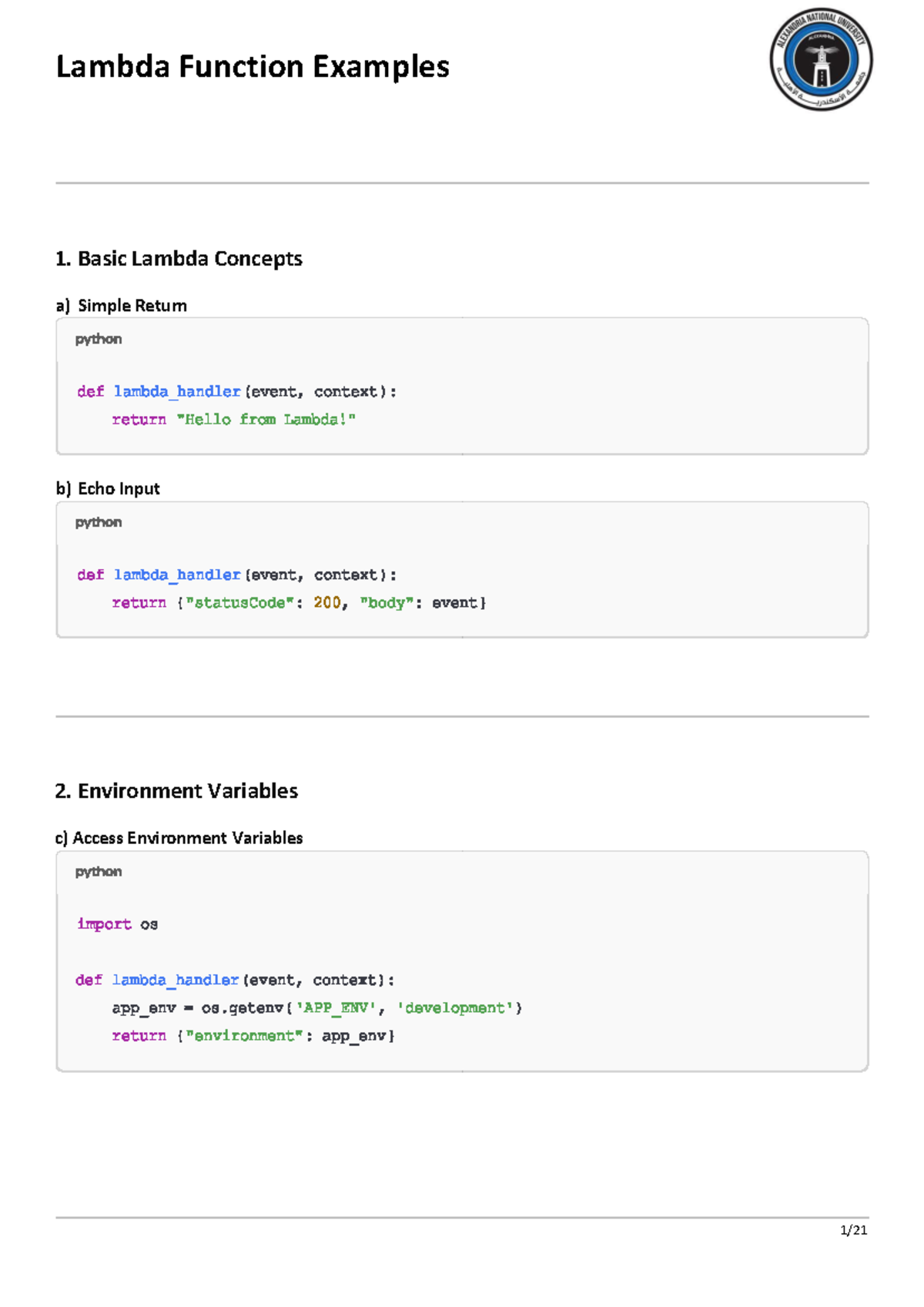 Codes - cadsc - Lambda Function Examples 1. Basic Lambda Concepts a) Simple Return b) Echo Input ...