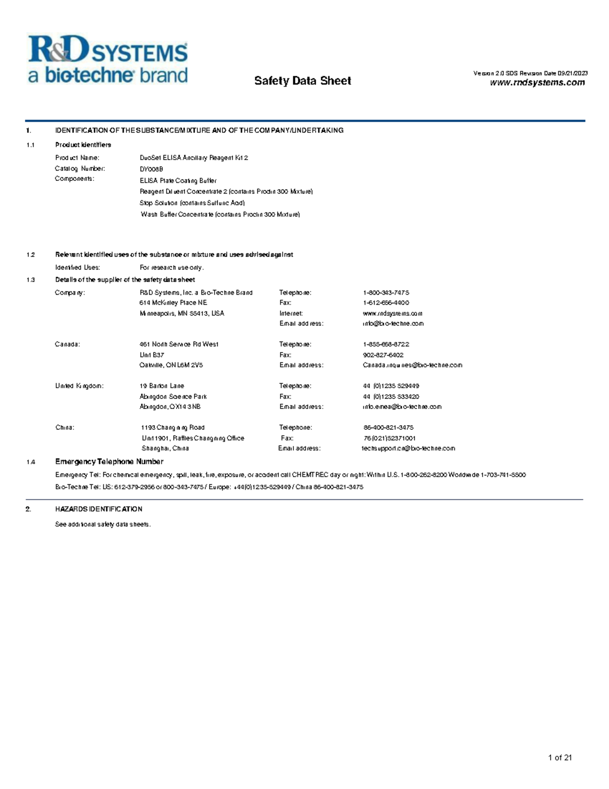 DuoSet ELISA Ancillary Reagent Kit SDS (Version 2.0) - Safety Data ...
