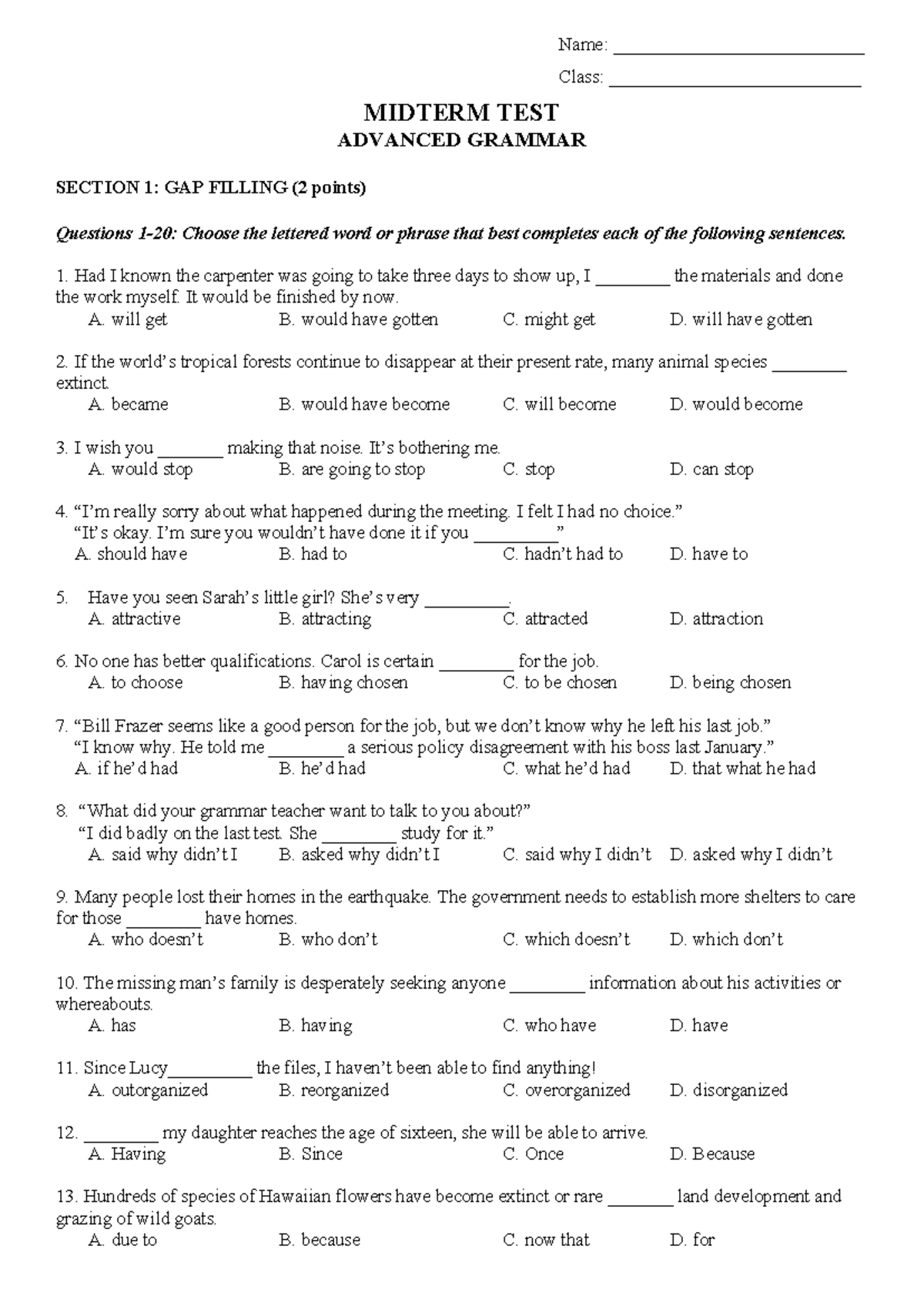 Midterm Test on Advanced Grammar - 22C2 - Studocu