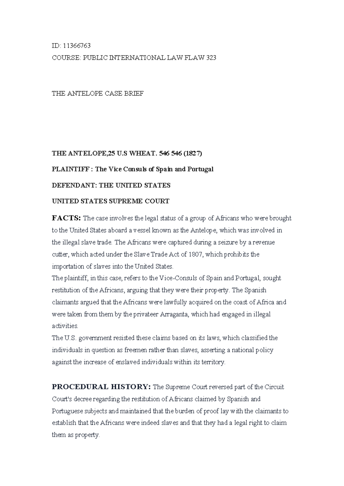 The Antelope Case Study - FLAW 323 International Law Analysis - Studocu