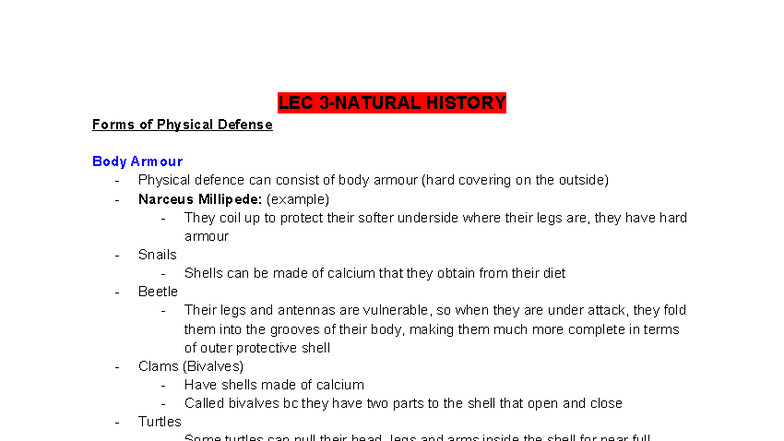 LEC 3 - Natural History: Forms of Physical Defense in Animals - Studocu